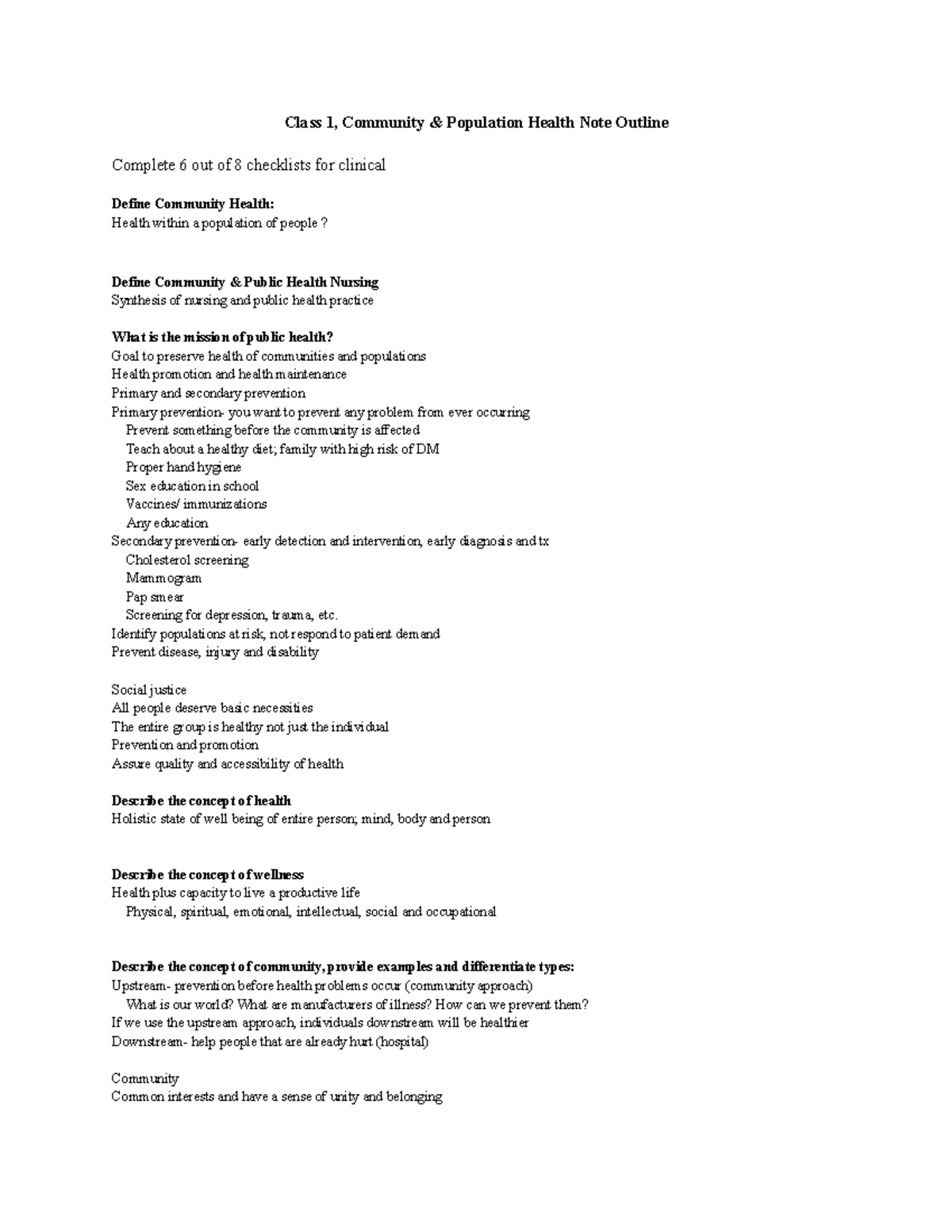 NUR452 Week 1 - Summary of week 1 lecture notes. - Class 1, Community ...