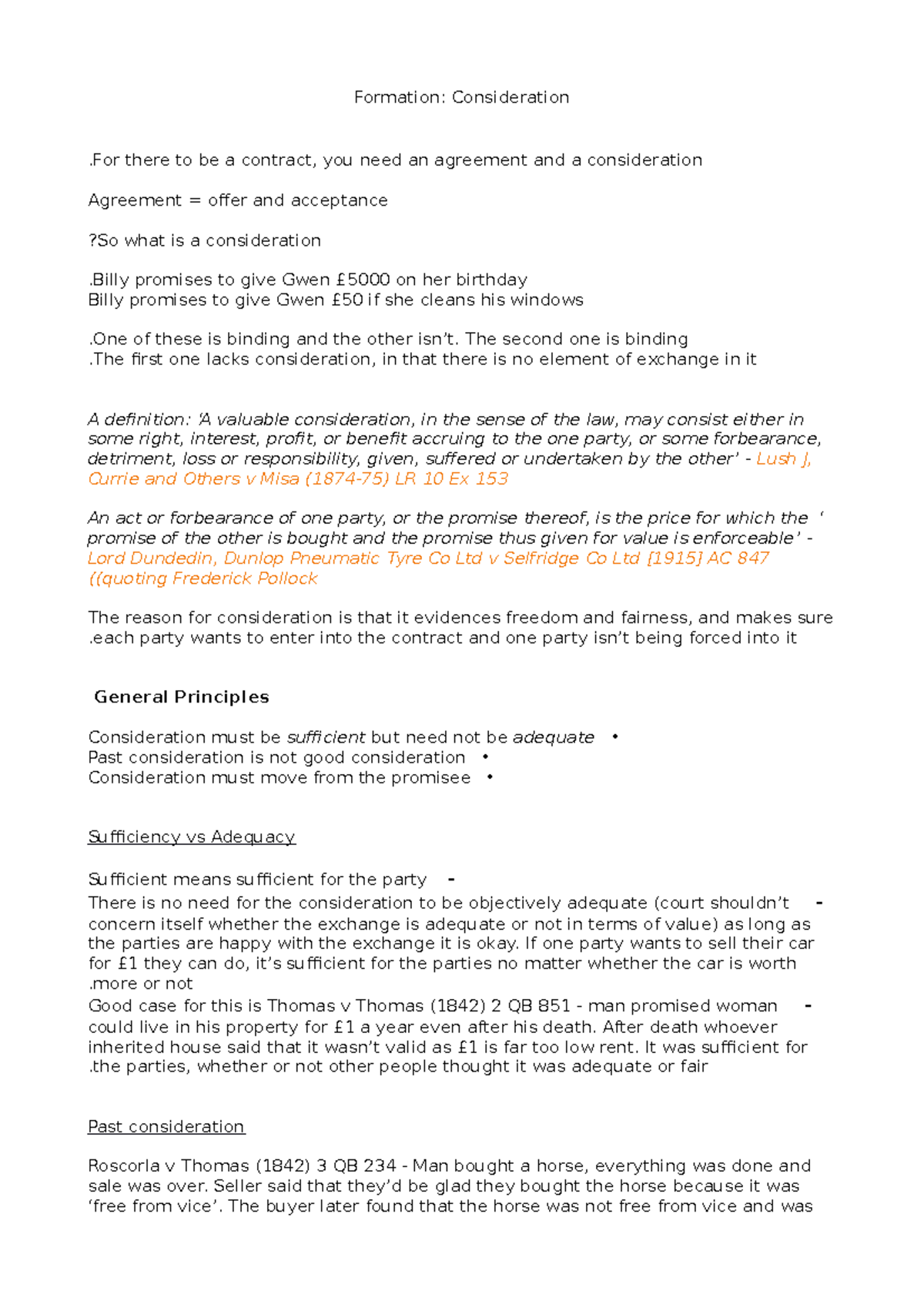 Consideration word - notes - Formation: Consideration . For there to be ...