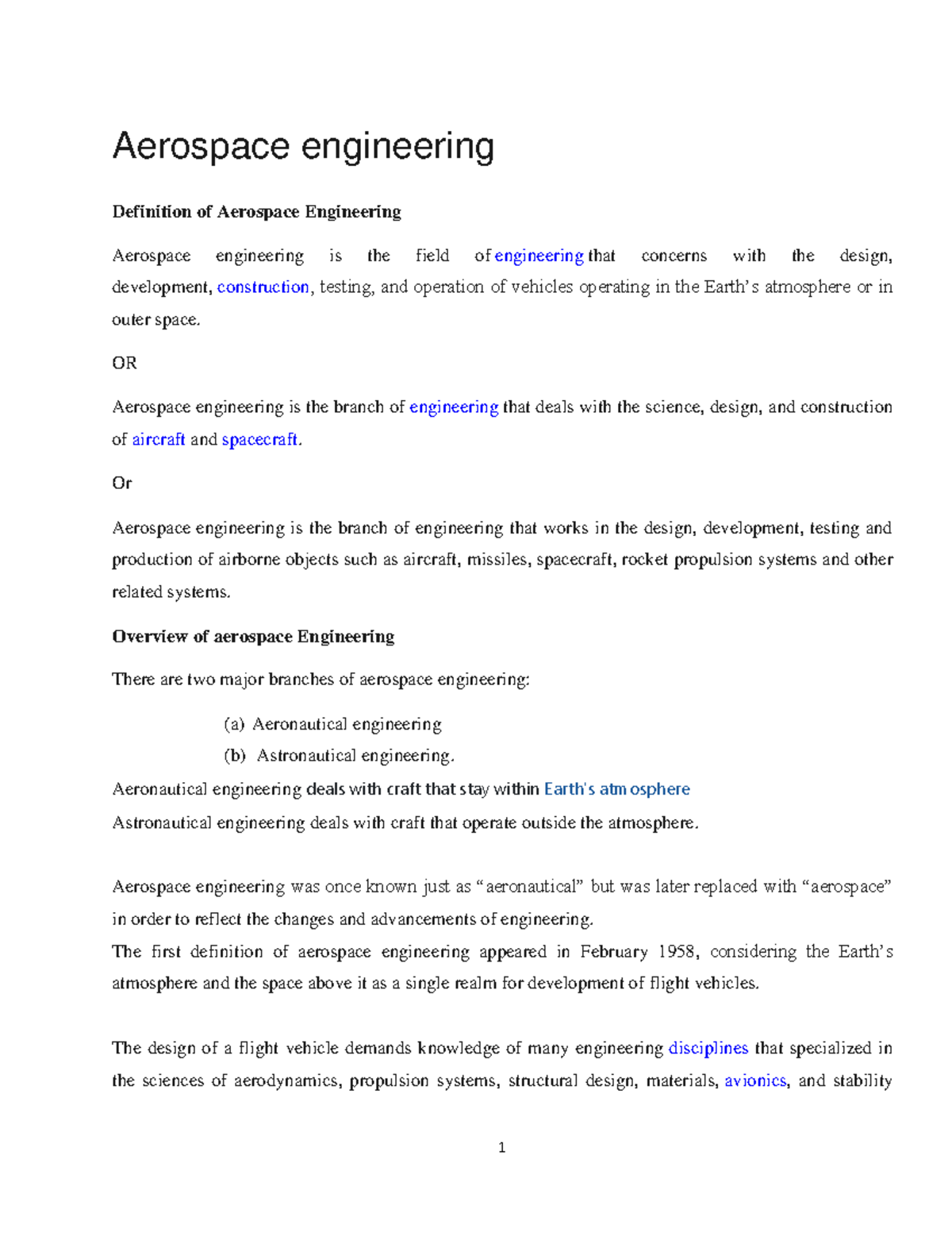 Lecture 1 - Aerospace engineering - Aerospace engineering Definition of Aerospace Engineering ...