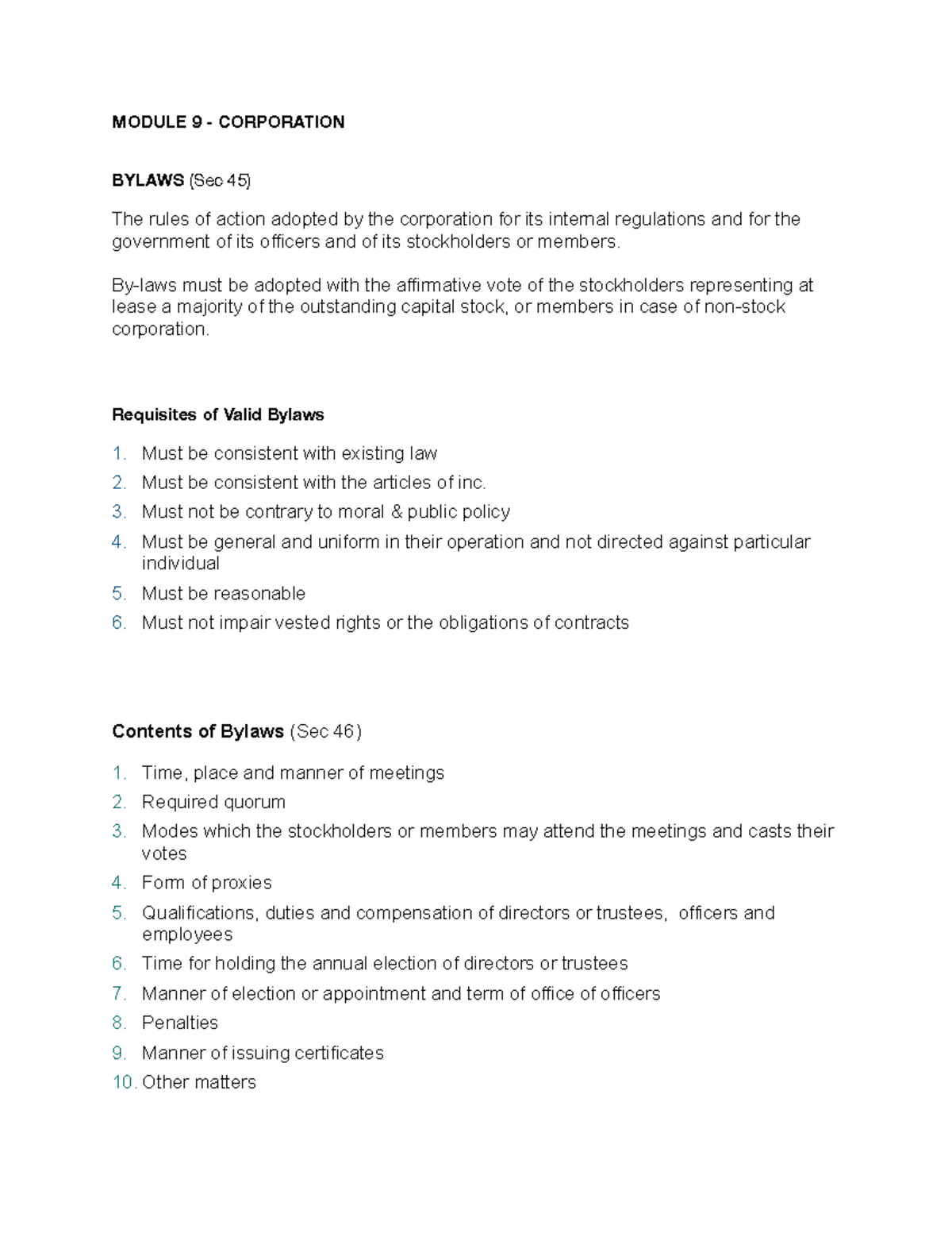 Module 9 - Corporation - Lecture notes - MODULE 9 - CORPORATION BYLAWS ...