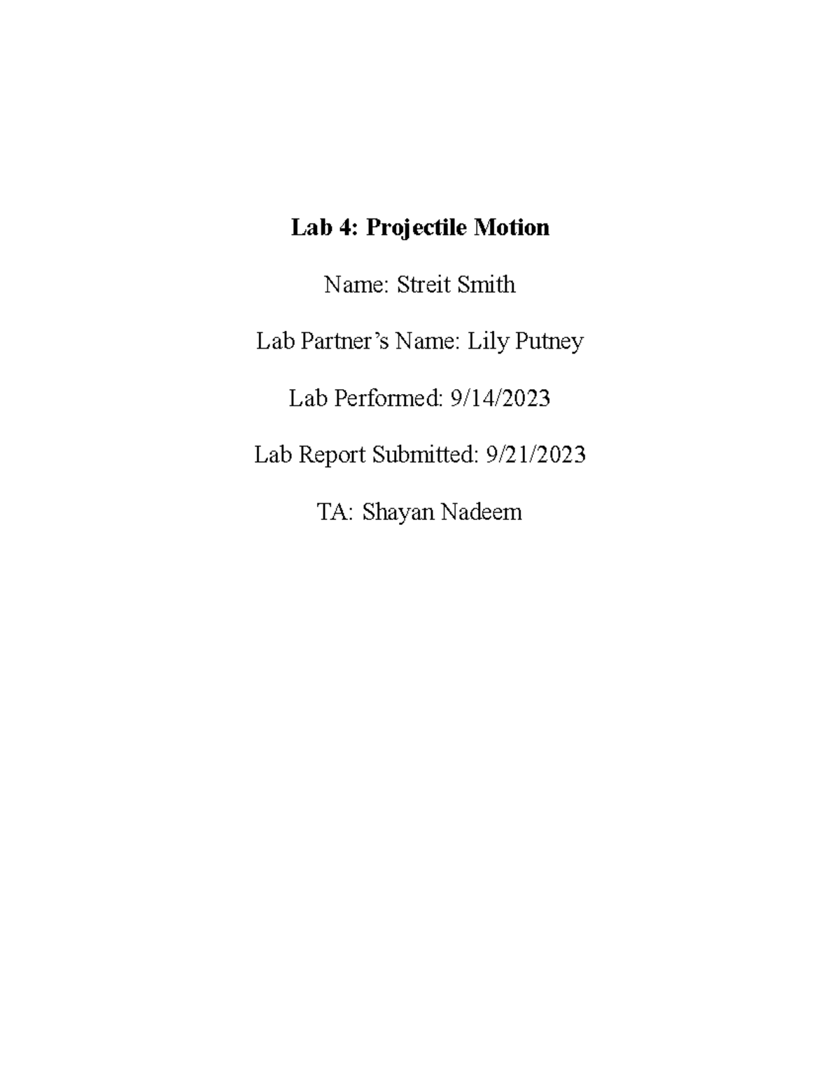 Lab 4 Projectile Motion - PHY 1420 - Lab 4: Projectile Motion Name ...