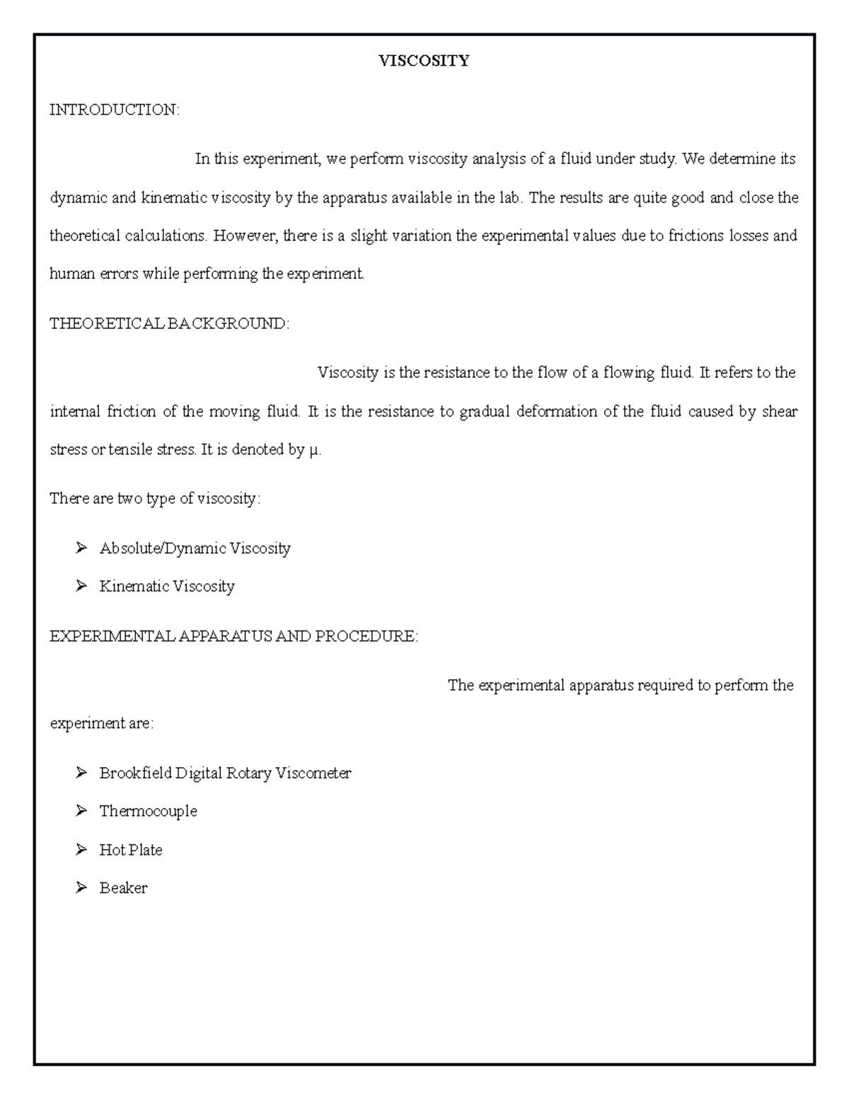 Viscosity - Fluid Mechanics Lab Analysis Report - VISCOSITY ...