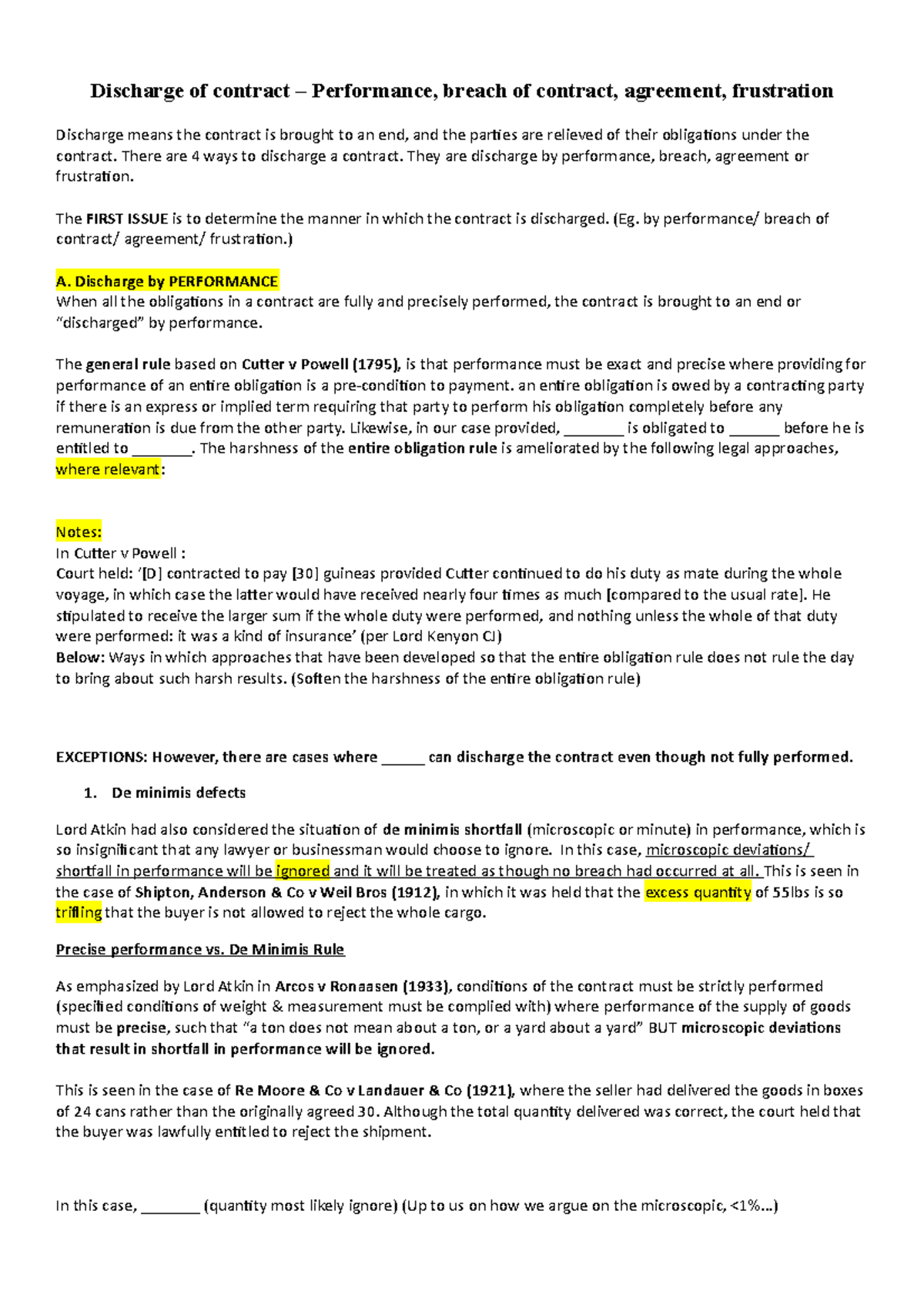Discharge Template - Discharge of contract – Performance, breach of ...