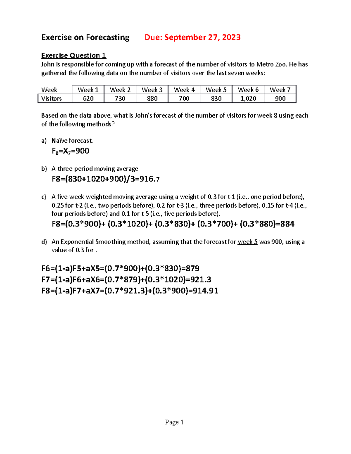 Week 3 Forecasting Notes Exercise On Forecasting Due September 27 2023 Exercise Question 1
