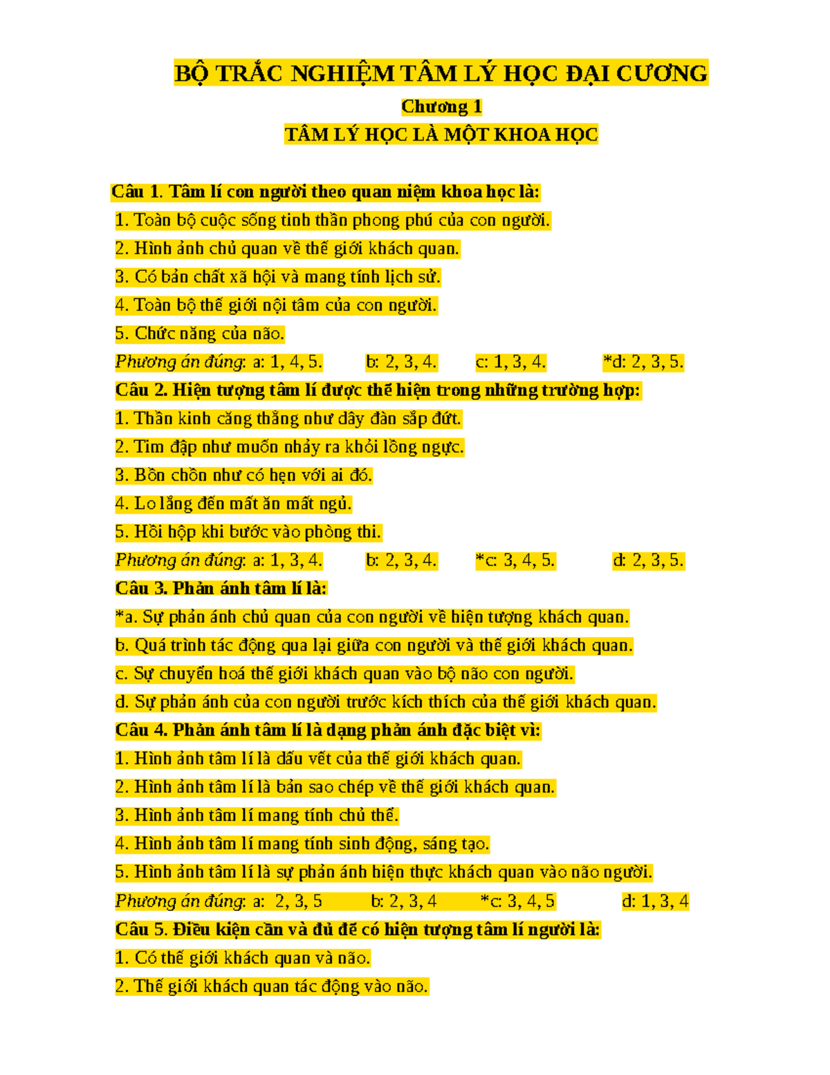 Cau hoi trac nghiem tam ly hoc dai cuong vieclamvui - BỘ TRẮC NGHIỆM TÂM LÝ HỌC ĐẠI CƯƠNG Chương ...