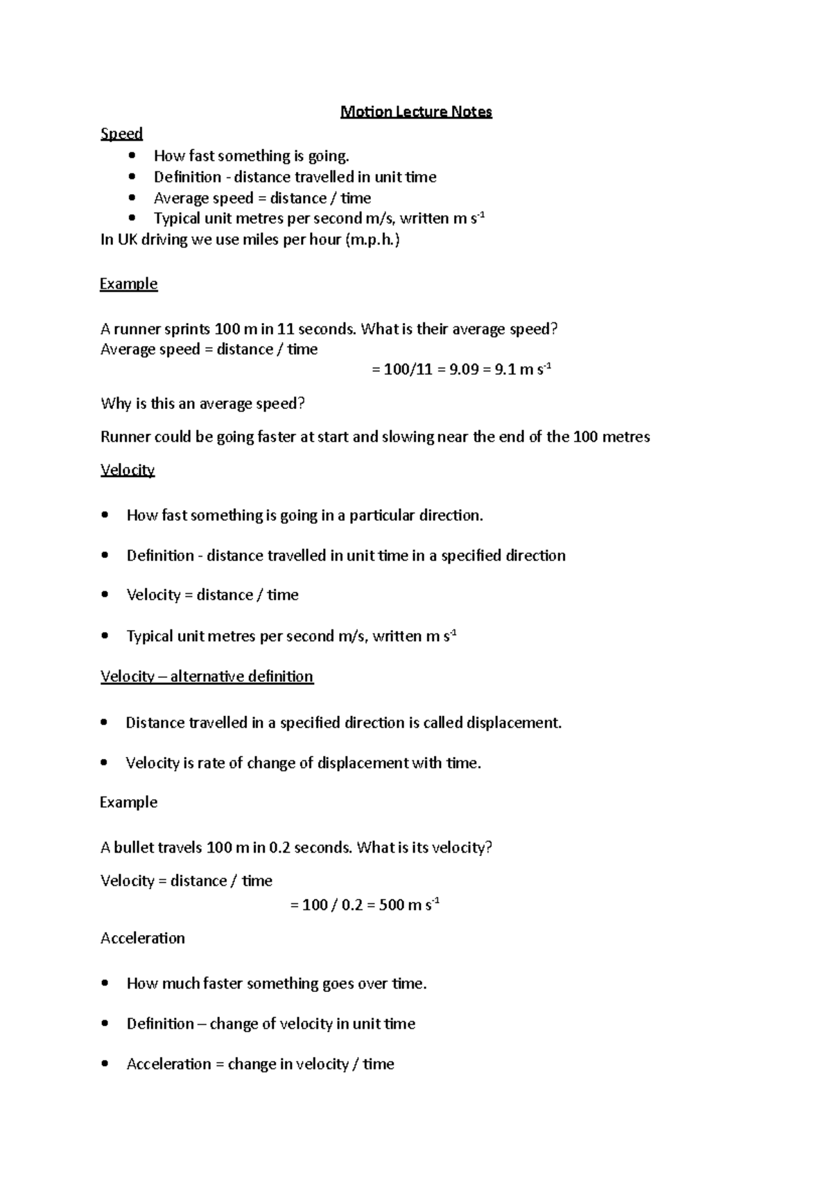 Unit 8 - Motion Lecture Notes - Motion Lecture Notes Speed How fast ...