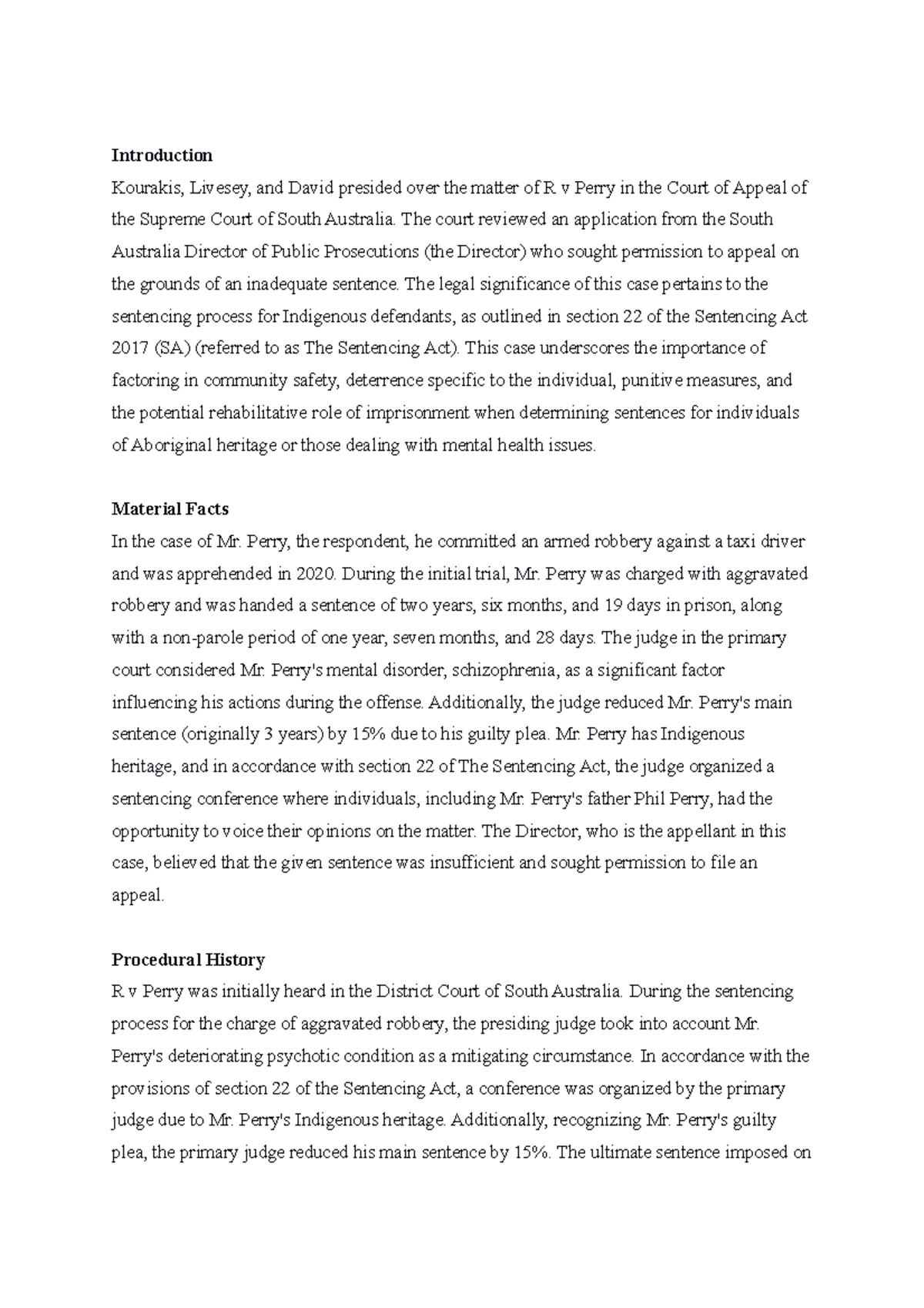 Foundations of Law- Critical Case (intro, material facts and procedural ...