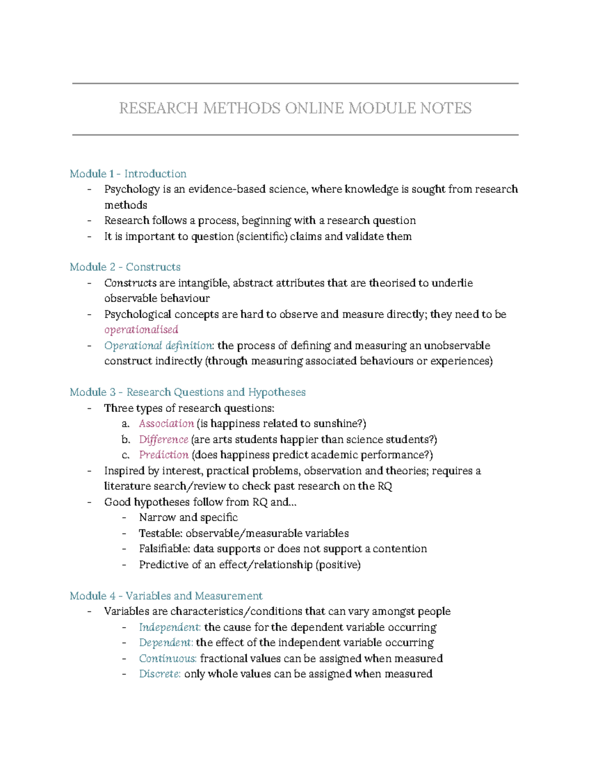 Research Methods Notes - RESEARCH METHODS ONLINE MODULE NOTES Module 1 ...