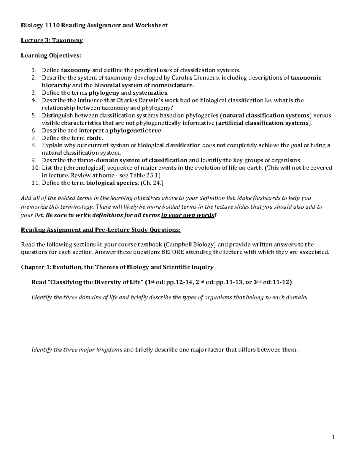 Lecture 03 Readings - ...... - 1 Biology 1110 Reading Assignment and Worksheet Lecture 3 ...