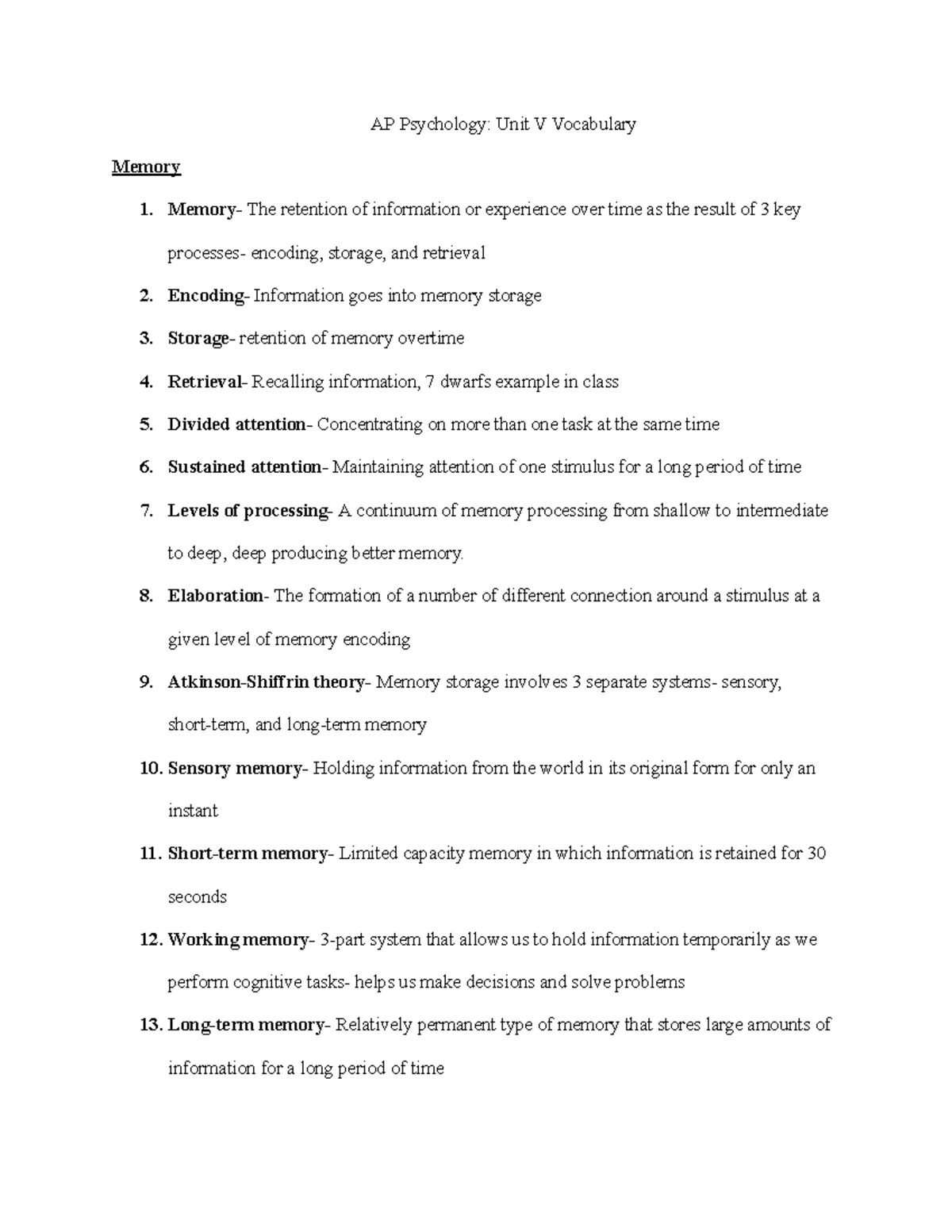 Unit V Part I Vocabulary - AP Psychology: Unit V Vocabulary Memory ...
