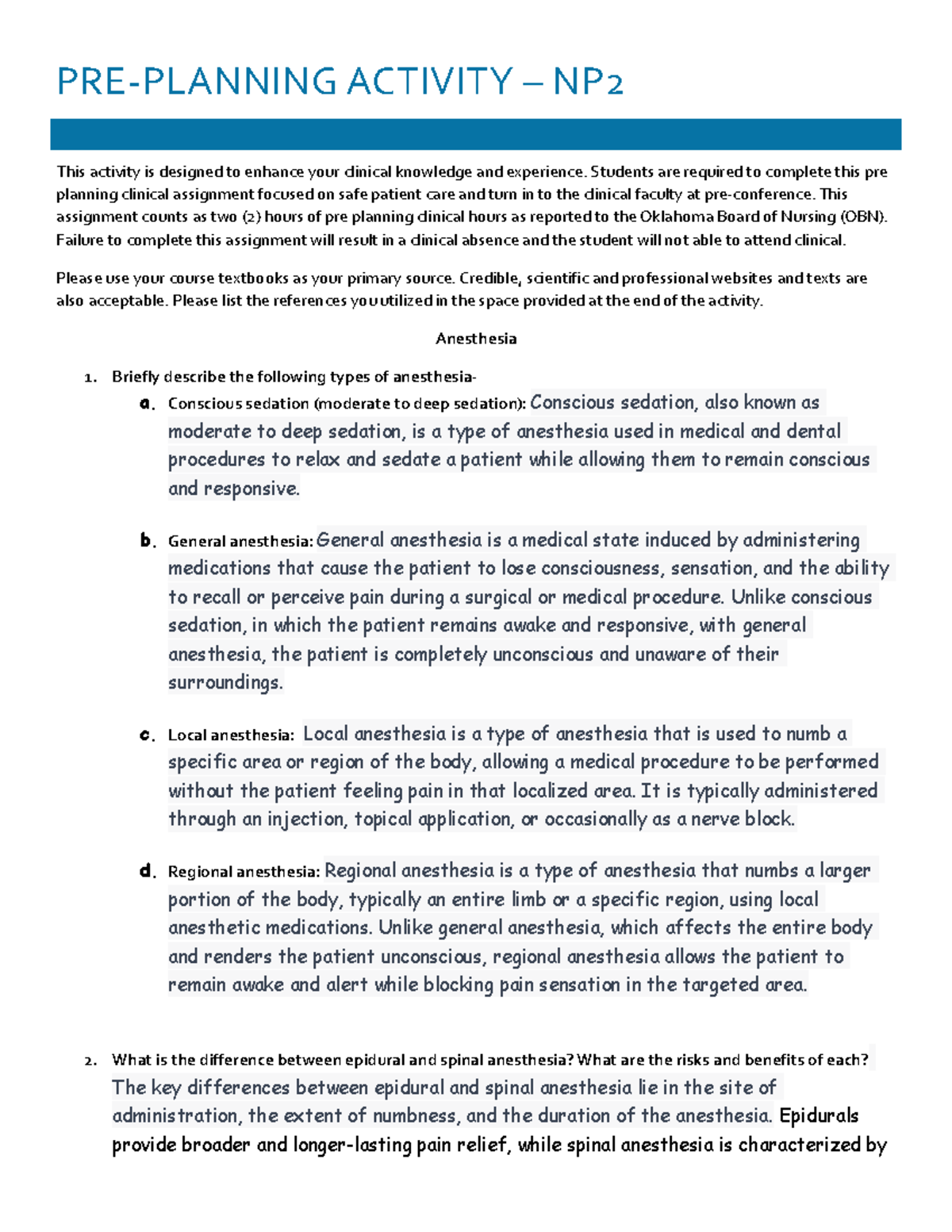 NP 2 Pre-Plan Anesthesia - PRE-PLANNING ACTIVITY – NP This activity is ...