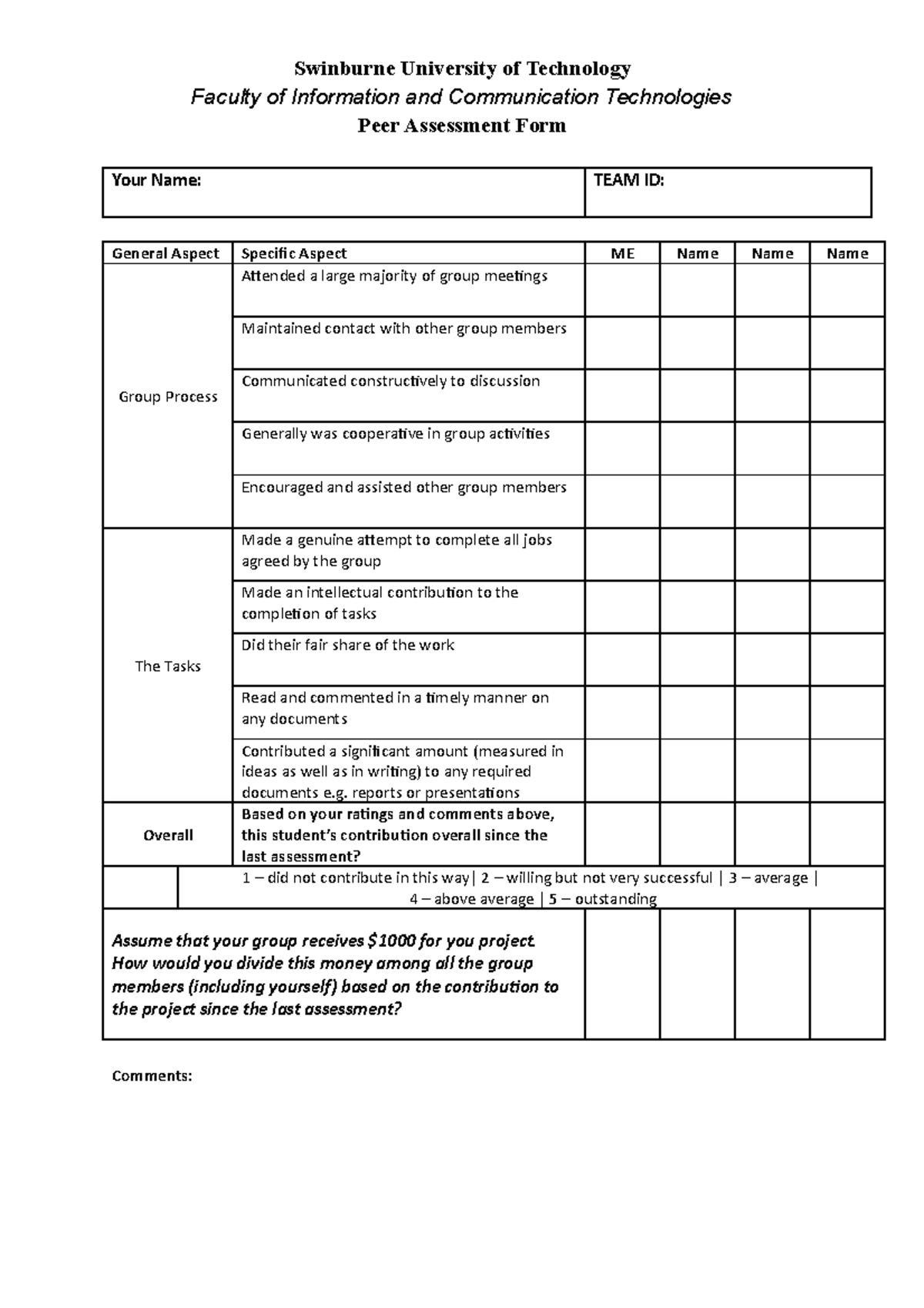 Peer assessment form - Swinburne University of Technology Faculty of ...