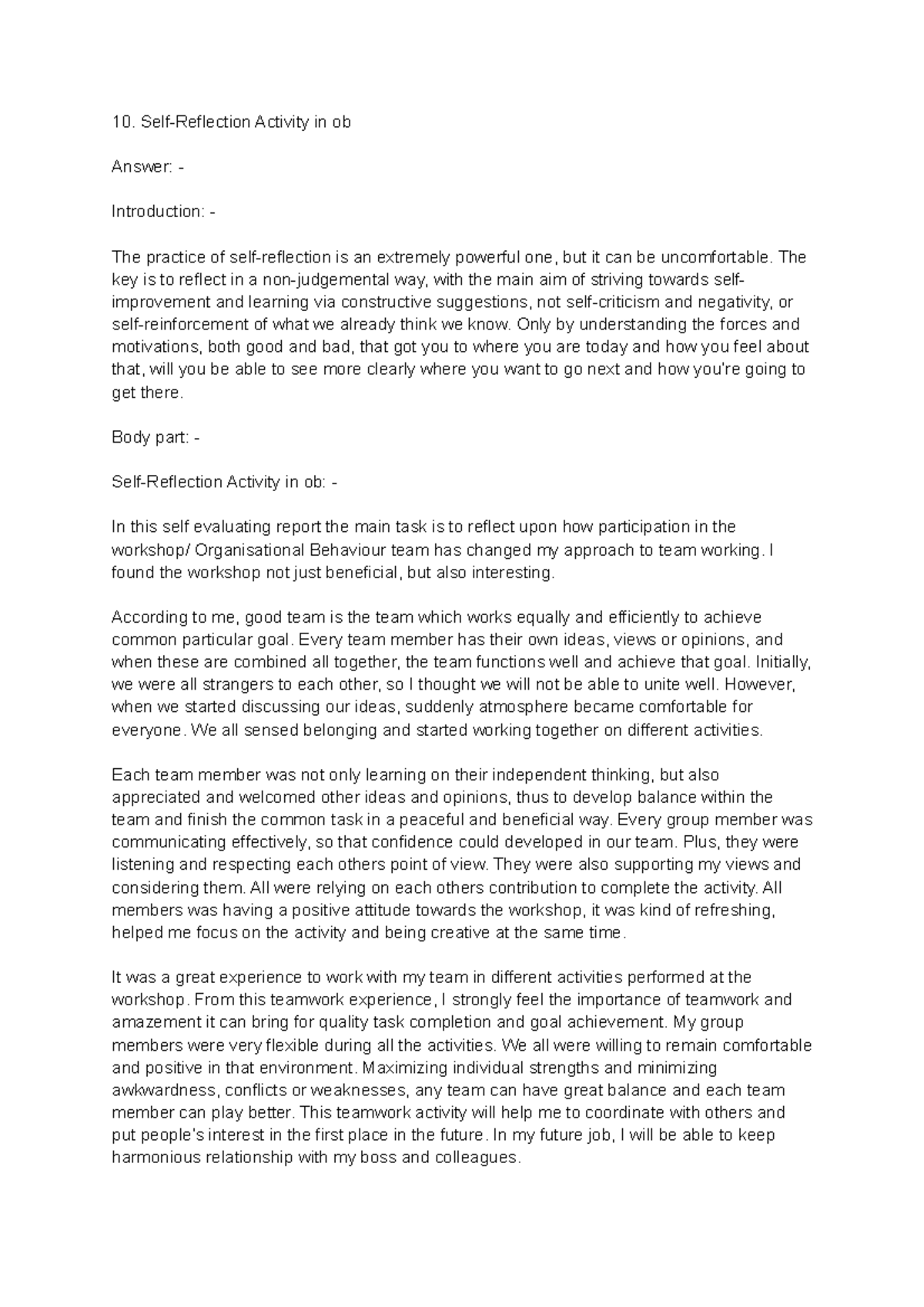 Self-Reflection Activity in ob - Self-Reflection Activity in ob Answer: - Introduction: - The ...