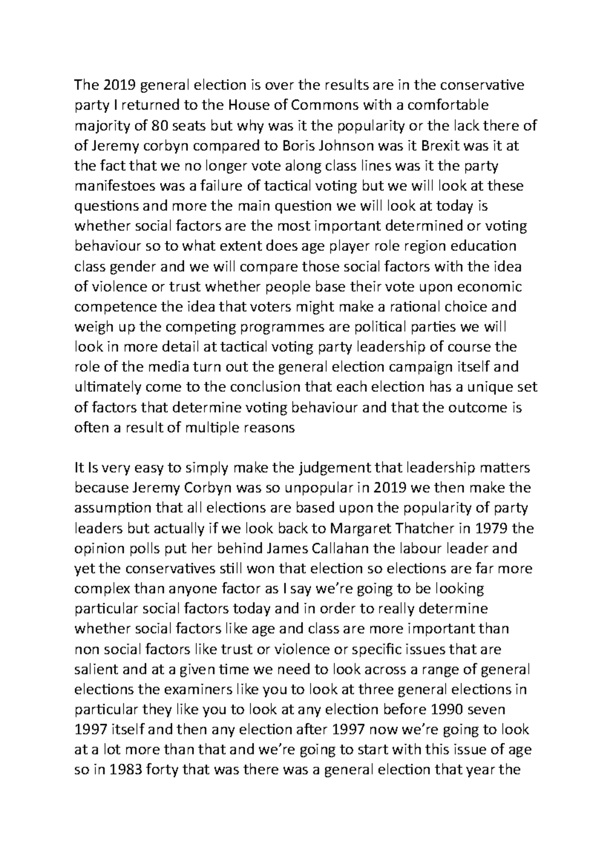 Essay Plan on Voting Behaviour - The 2019 general election is over the ...