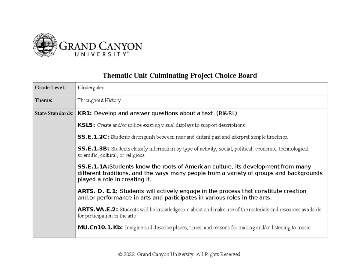 Thematic Unit Culminating Project Choice Board - (RI&RL) KSL5: Create ...