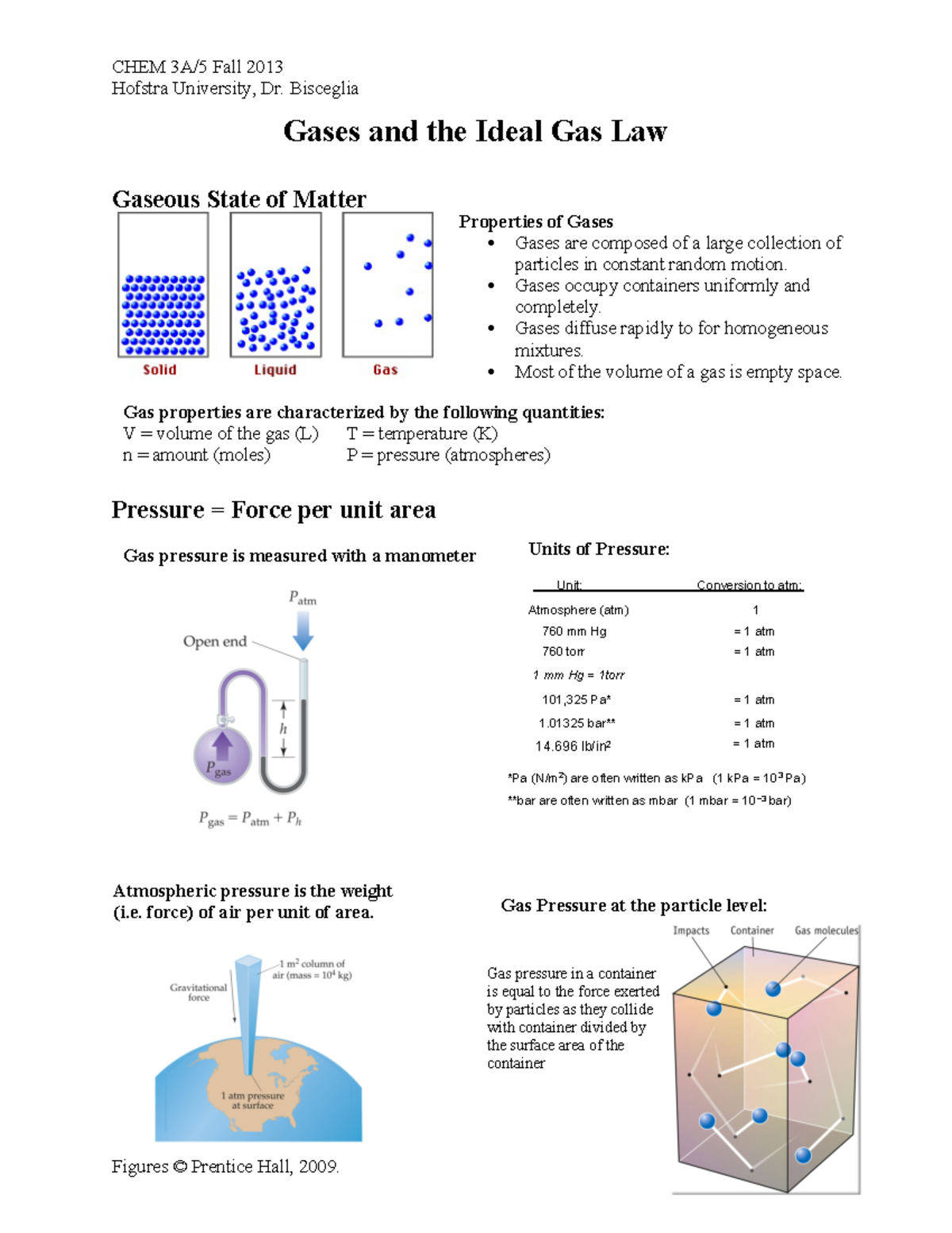 Pressure and Gas Laws Handout - CHEM 3A/5 Fall 2013 Hofstra University ...