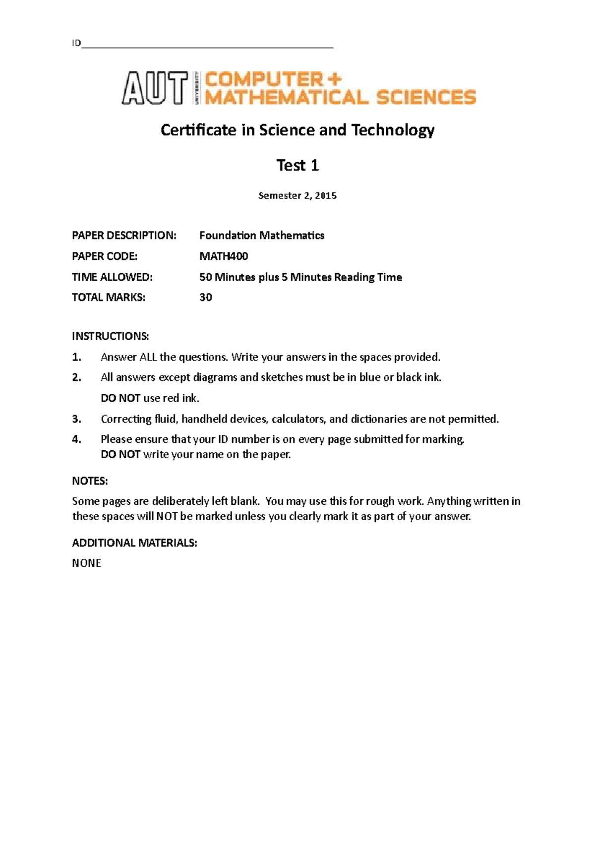 Test 1 2015 s2, questions and answers - Certificate in Science and ...