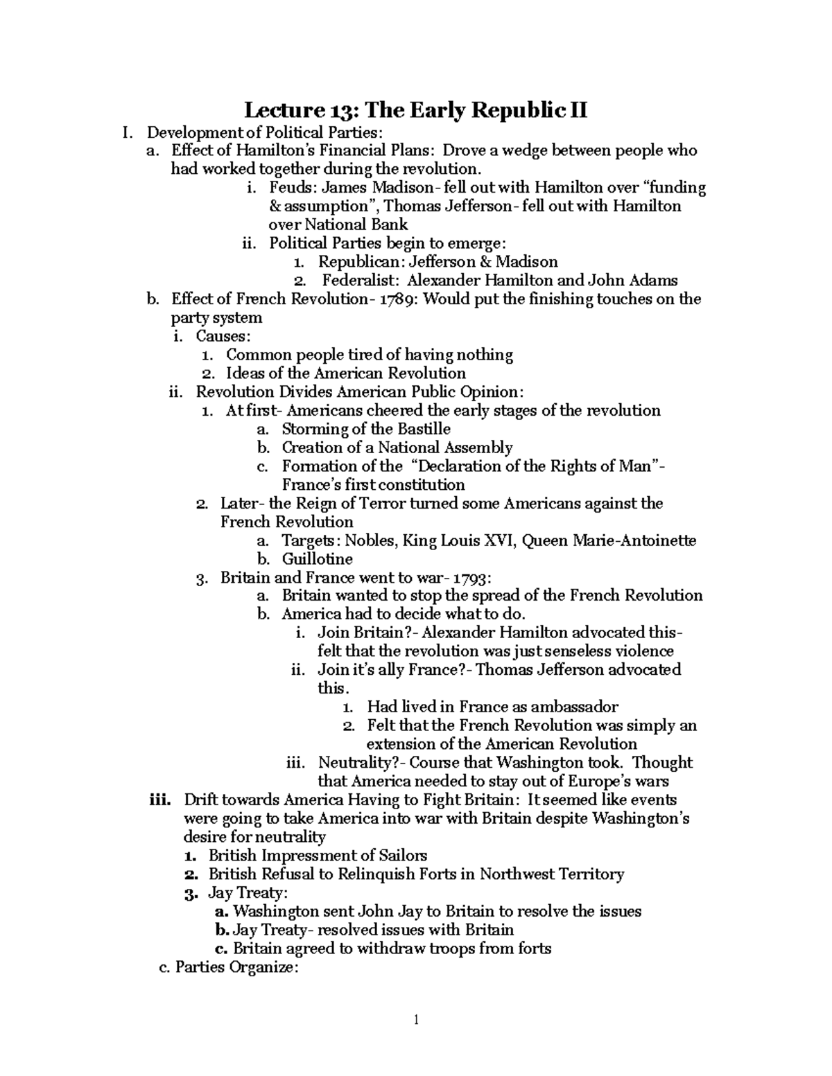 Lecture 13- The Early Republic II (03-23)- Outline - Lecture 13: The ...