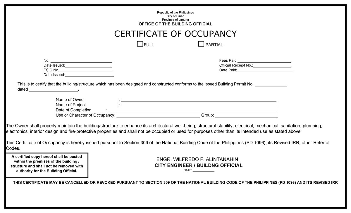 Certificate OF Occupancy - Republic of the Philippines City of Biñan ...