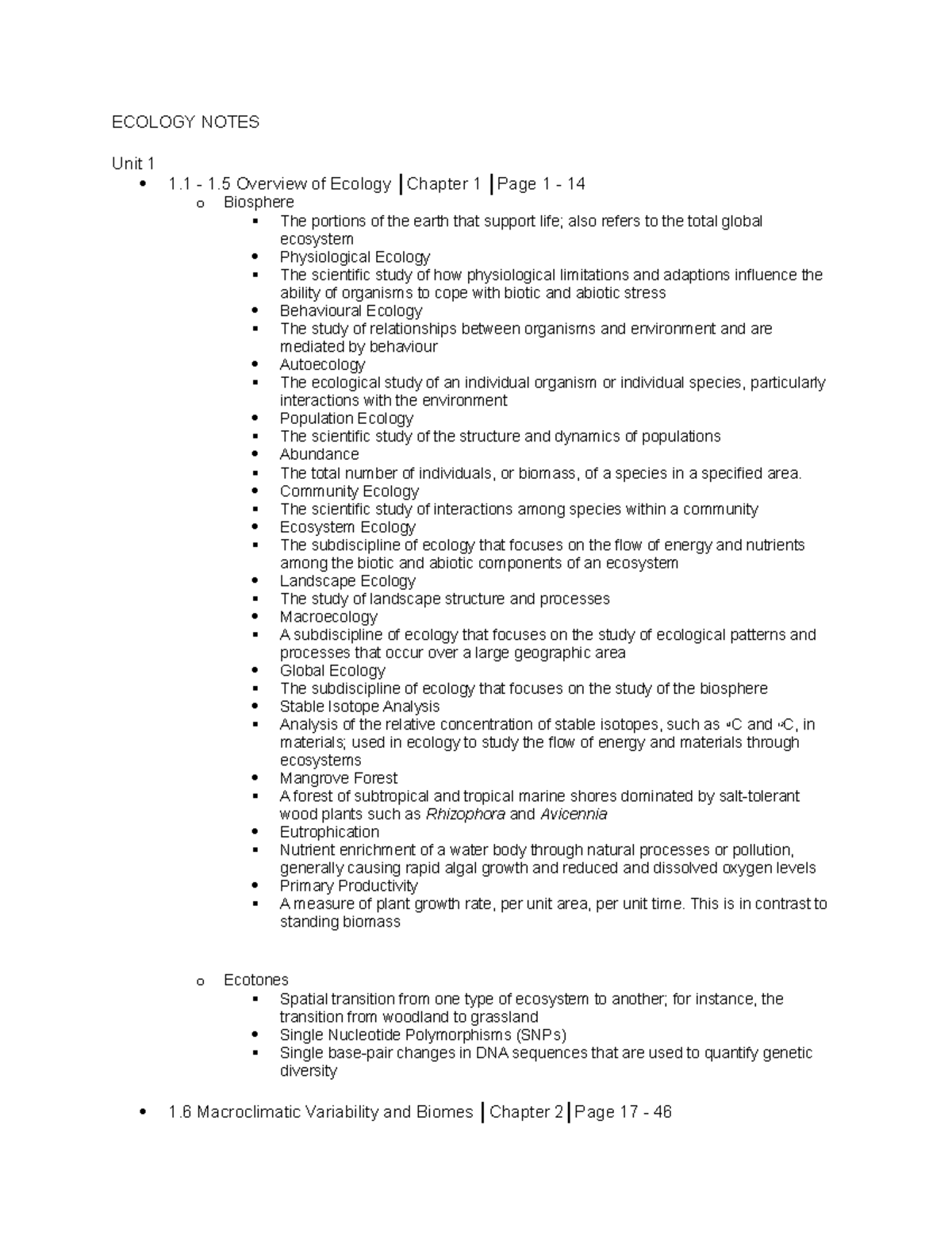 Ecology Definitions - ECOLOGY NOTES Unit 1 1 - 1 Overview of Ecology ...
