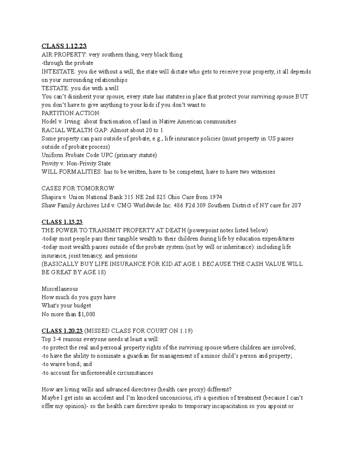 Wills Trust AND Estates Composite Outline - CLASS 1. AIR PROPERTY: very ...