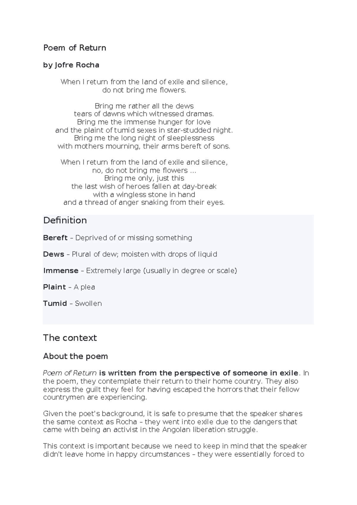 Poem of Return Analysis - Poem of Return by Jofre Rocha When I return ...