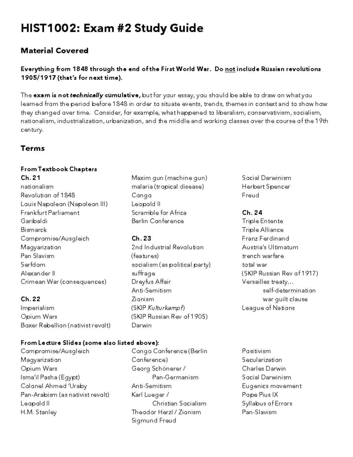 Exam 2 Lecture notes - HIST1002: Exam #2 Study Guide Material Covered ...