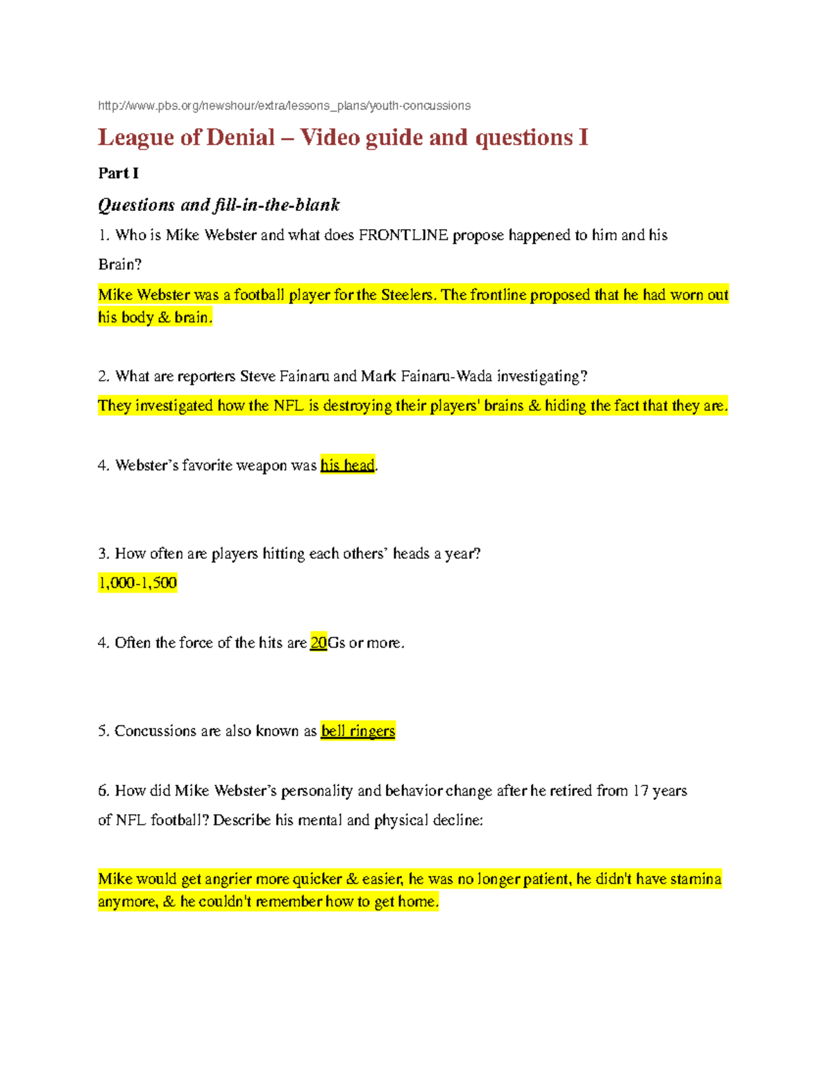 League of Denial – Video guide and questions I - pbs/newshour/extra ...