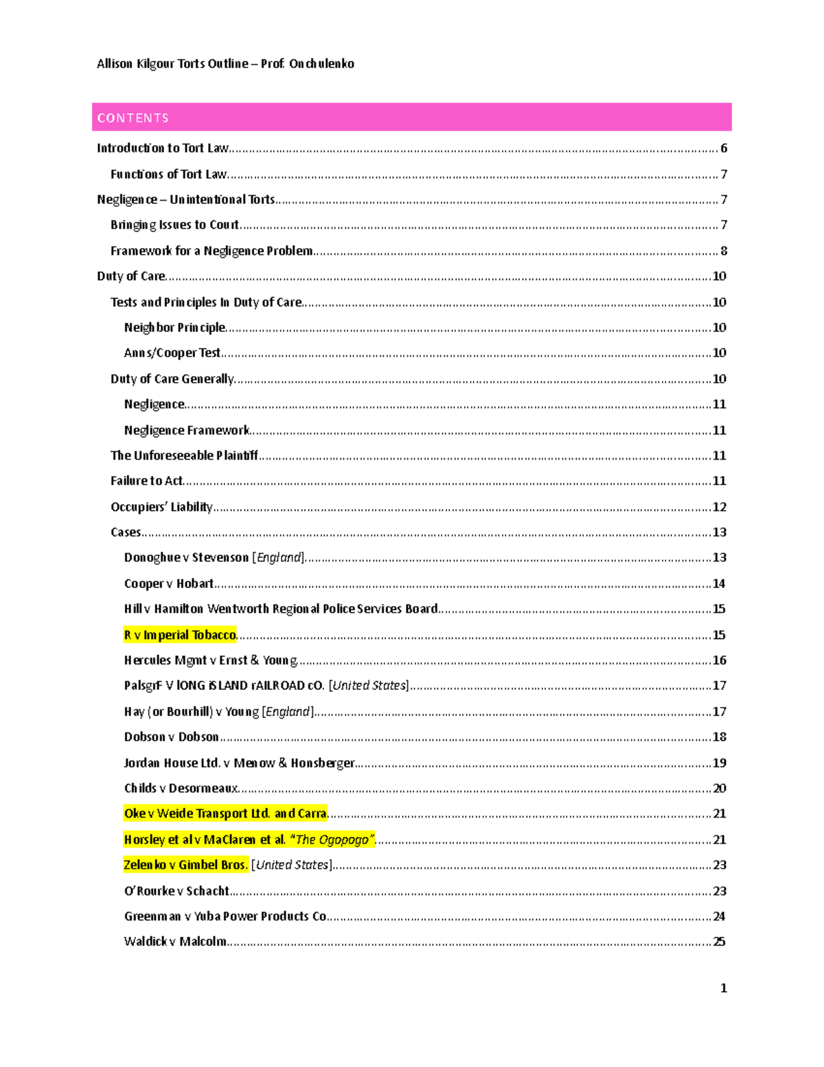 Tort Outline 2020 - CONTENTS Introduction to Tort - Studocu