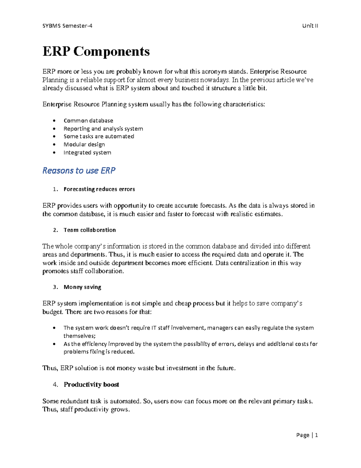 Unit 2 - SY BMS Sem IV IT in business management notes - ERP Components ...