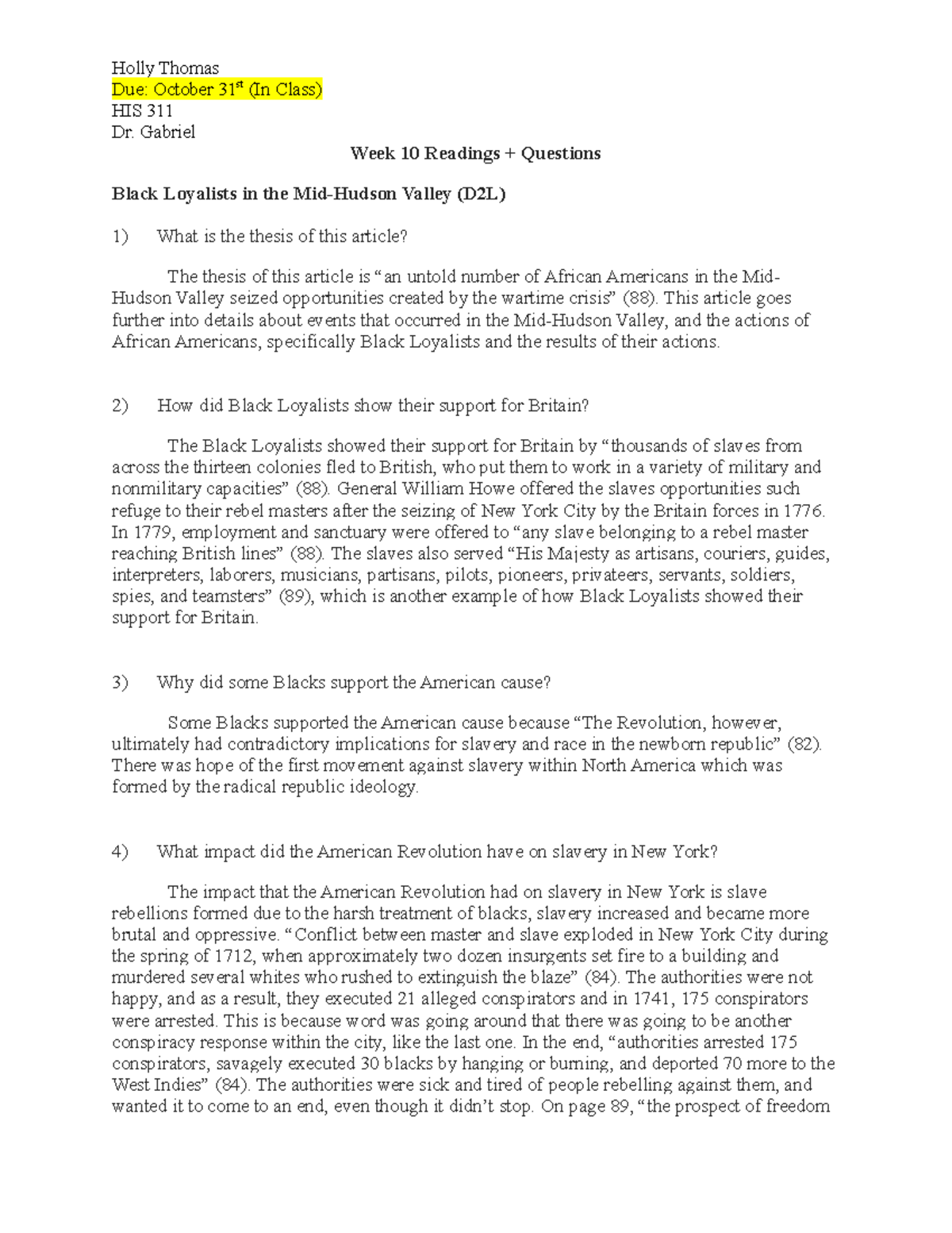 HIS 311 Week 10 Readings + Questions - Holly Thomas Due: October 31st ...