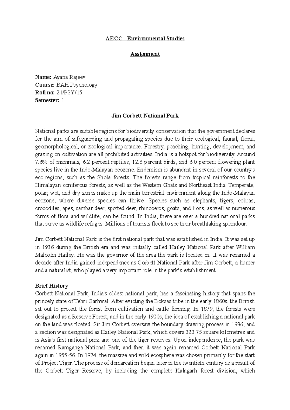 EVS Assignment Jim Corbett National Park - AECC - Environmental Studies ...