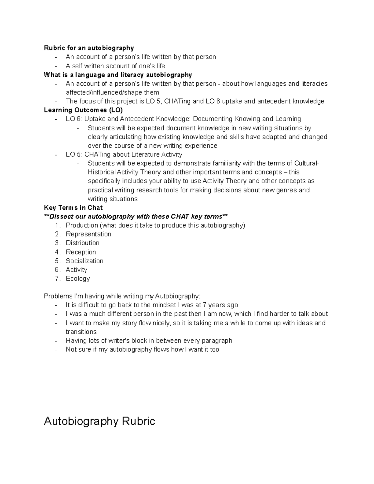 English Rubric - 8.31-9.7 - Rubric for an autobiography - An account of ...