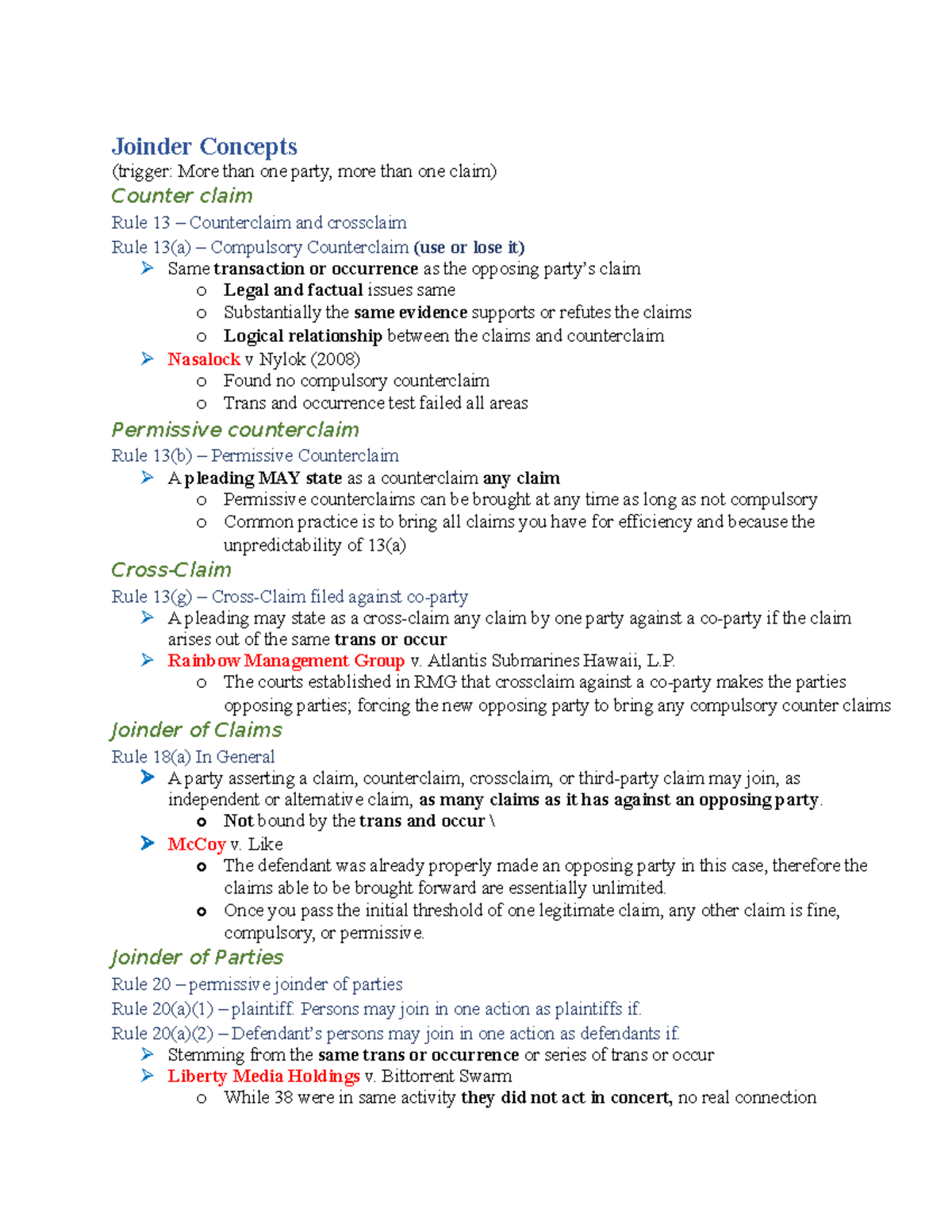 Midterm Outline Civ-Grant - Joinder Concepts (trigger: More than one ...