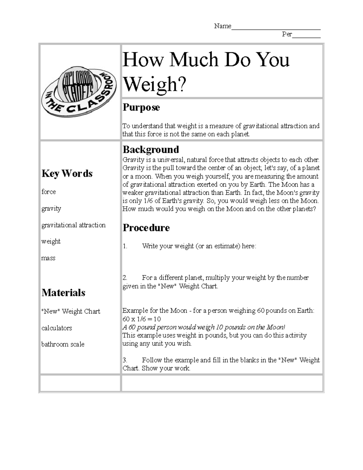 Weight Age Planet Lab-1 - Per________ How Much Do You Weigh? Purpose To ...