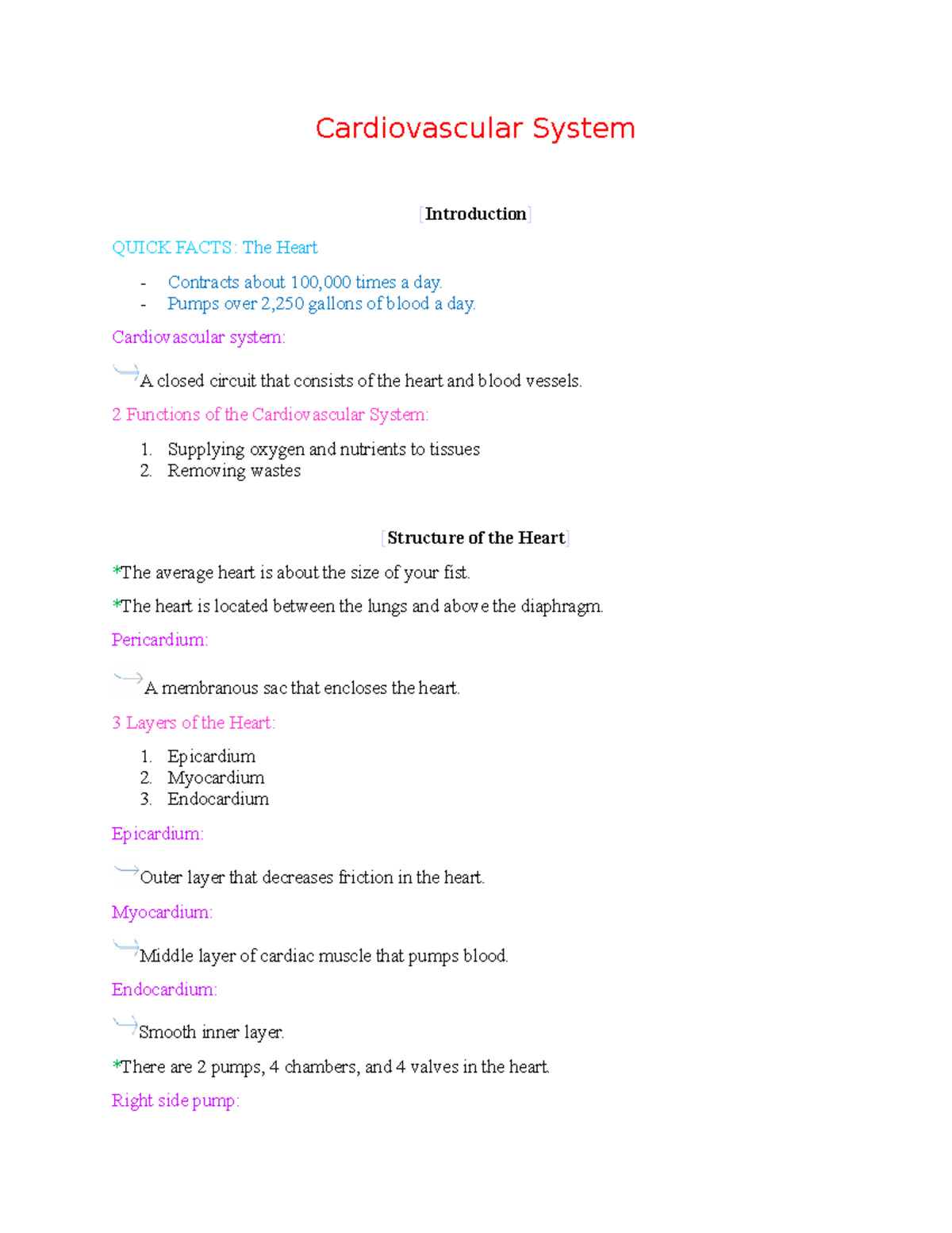 Cardiovascular System Notes (class year: fall 2021) - BIOL 101 - Studocu