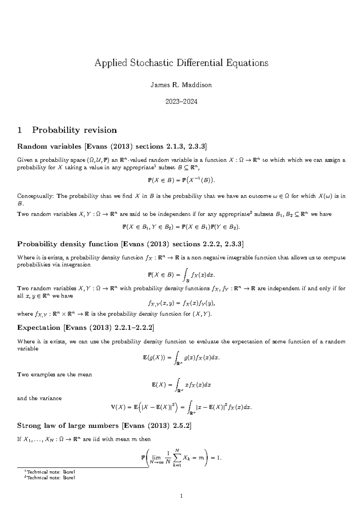 Applied Stochastic Differential Equations - Maddison 2023– 1 Probability revision Random ...