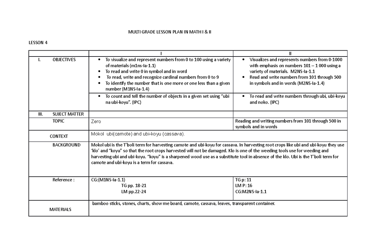 Lesson 4 - English - MULTI GRADE LESSON PLAN IN MATH I & II LESSON 4 I ...