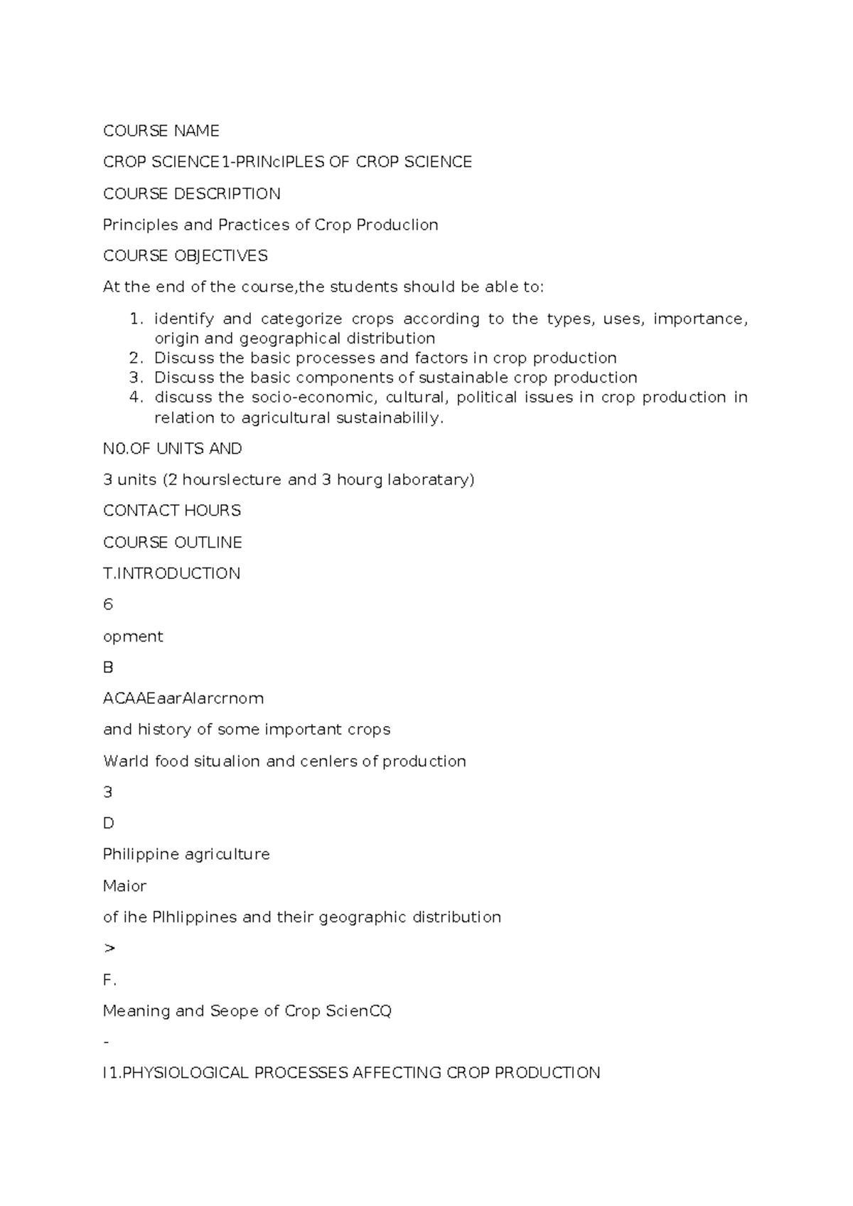 Cropsci 1 - crop sci prod - COURSE NAME CROP SCIENCE1-PRINcIPLES OF ...
