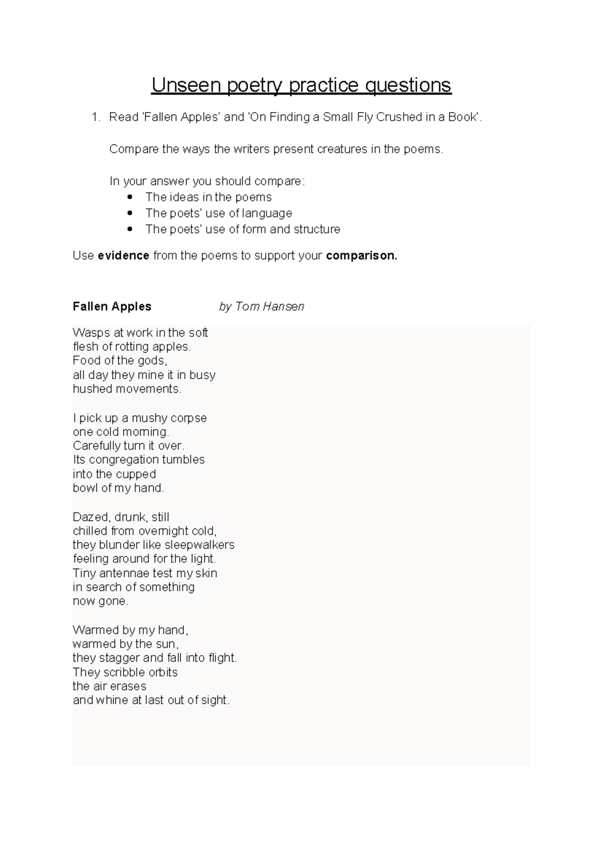 Unseen poetry practice questions - Compare the ways the writers present ...