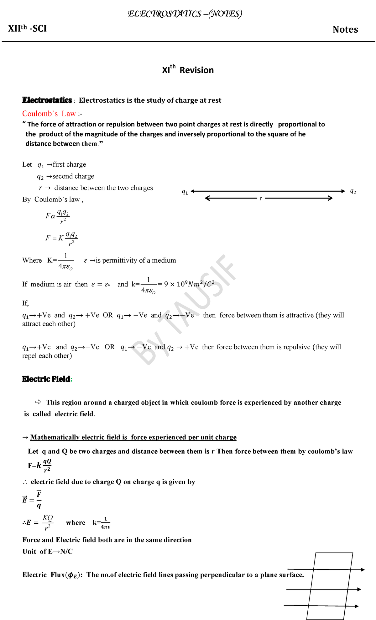 Electrostatic notes-12th - XIth Revision :- Electrostatics is the study ...