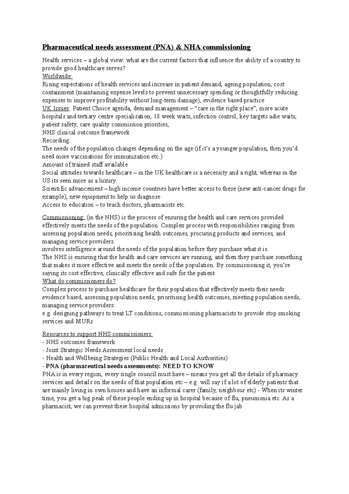 PNA - Summary of lecture notes - Pharmaceutical needs assessment (PNA ...
