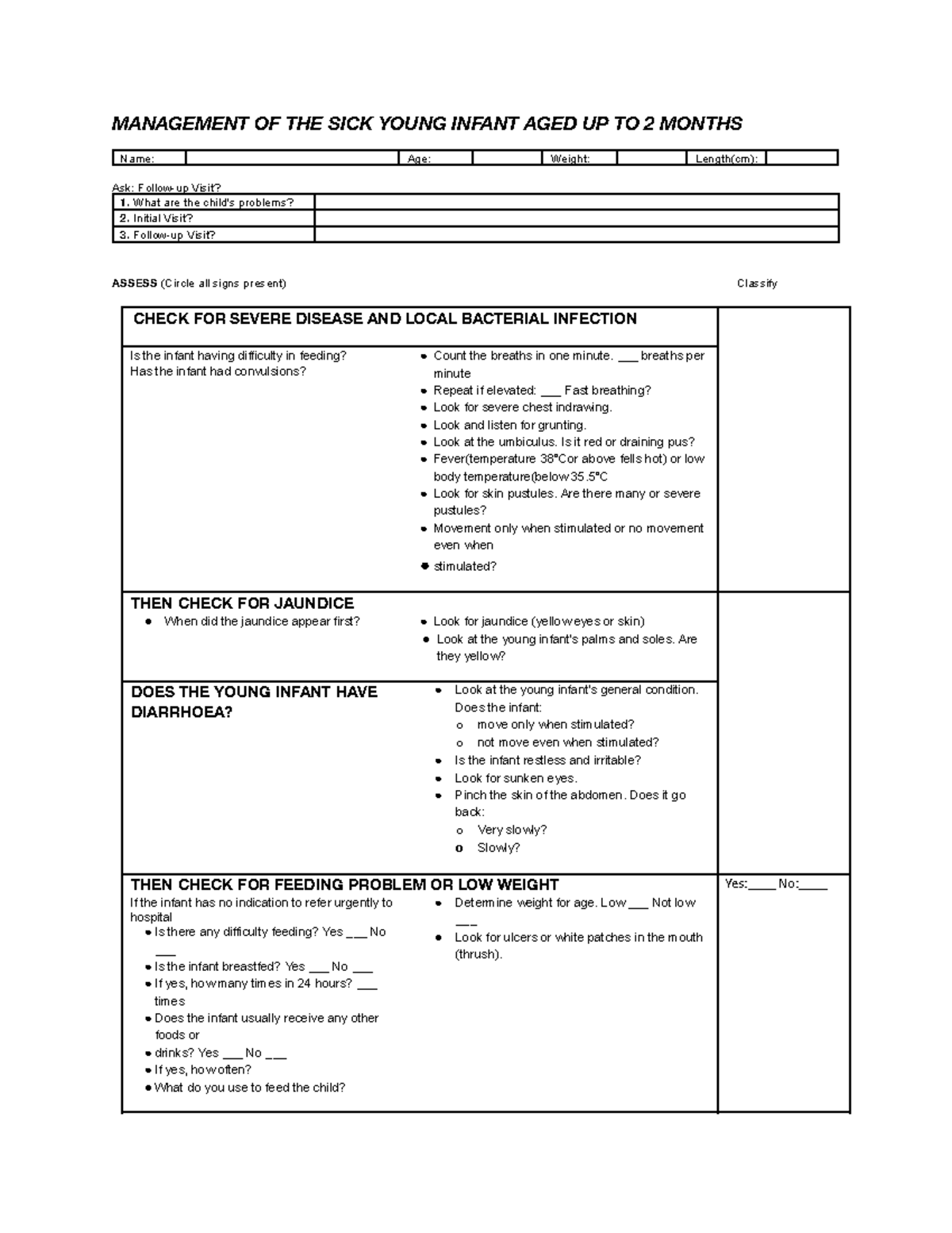 IMCI 0 2 months assessment form Worksheet - MANAGEMENT OF THE SICK ...