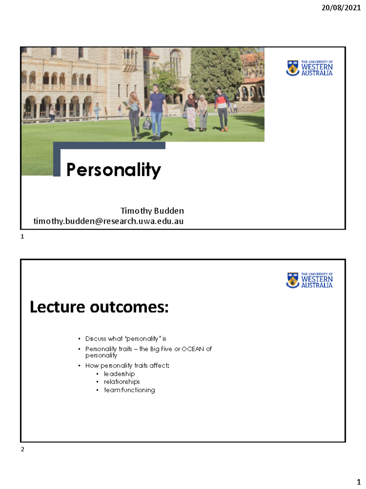 1.2 Personality - lecture slide - Personality Timothy Budden timothy ...