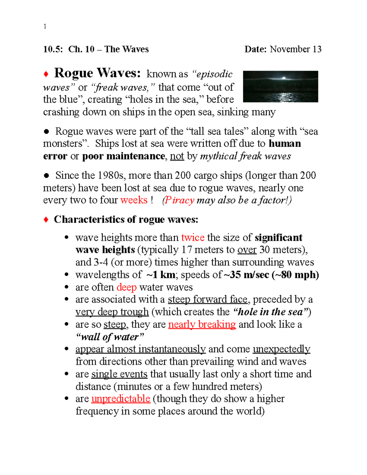 November 13 - Notes from UAlbany class - 1 10: Ch. 10 The Waves Date ...