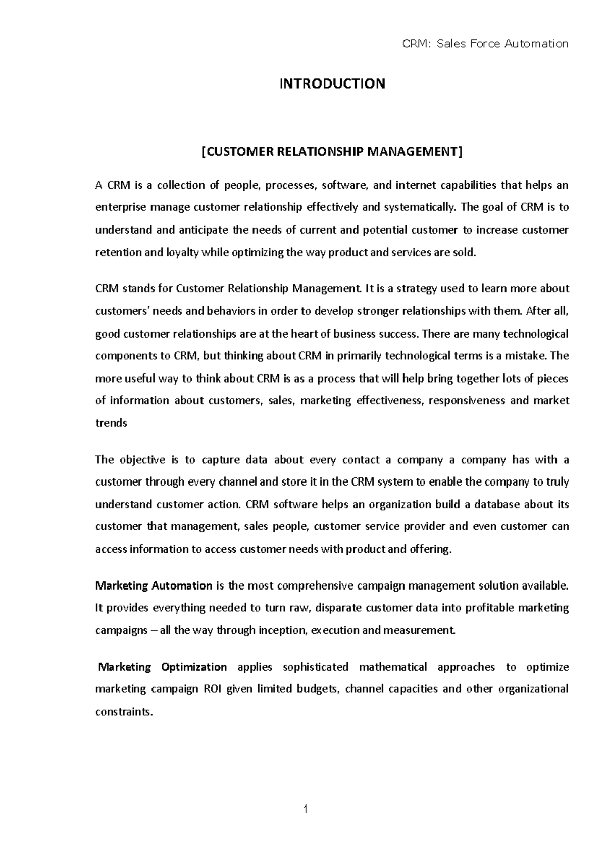 Vdocument - INTRODUCTION [CUSTOMER RELATIONSHIP MANAGEMENT] A CRM is a ...
