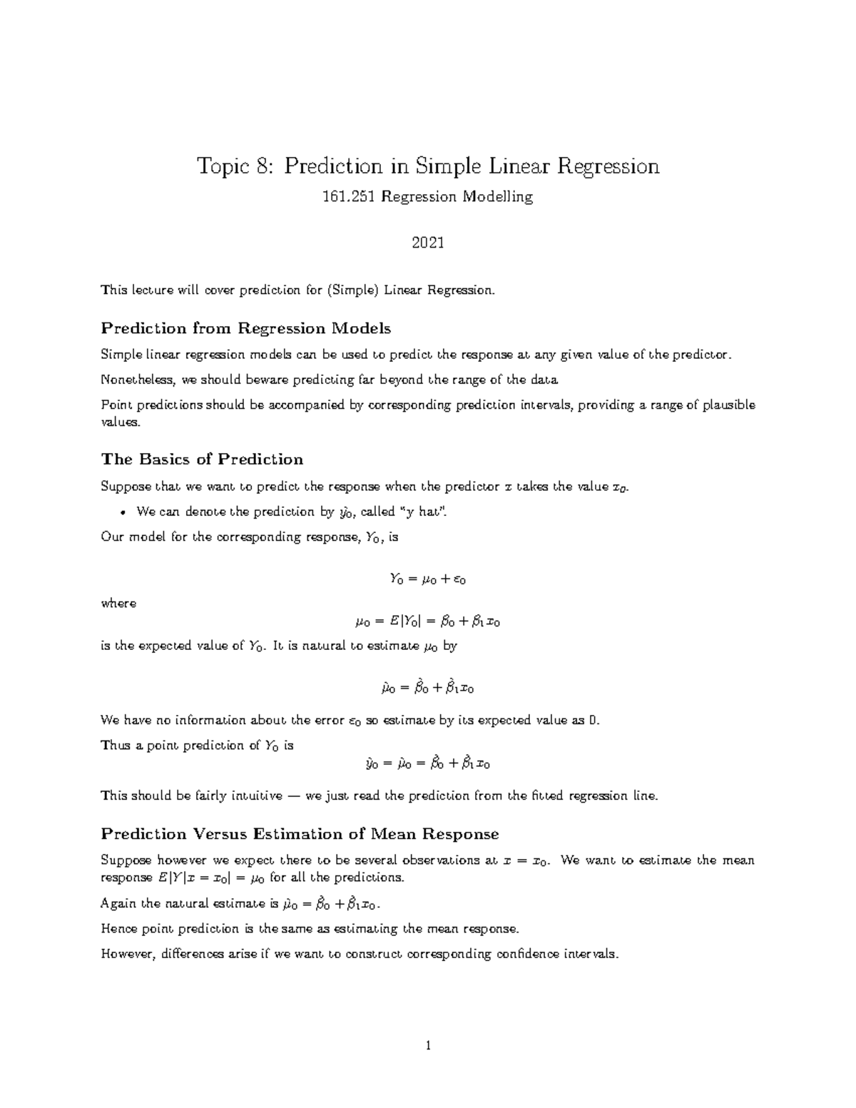 Topic 8 Lecture Notes Topic 8 Prediction In Simple Linear Regression 161 Regression