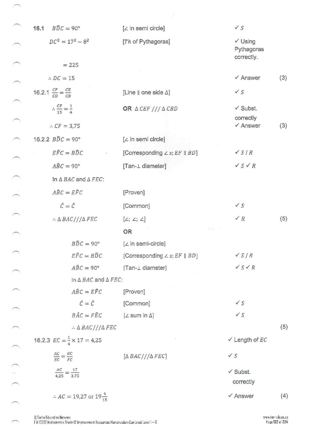 Mathematics part 3 Memo Improvement plan - 16 BDC in semi S DC2 of Using Pythagoras correctly ...