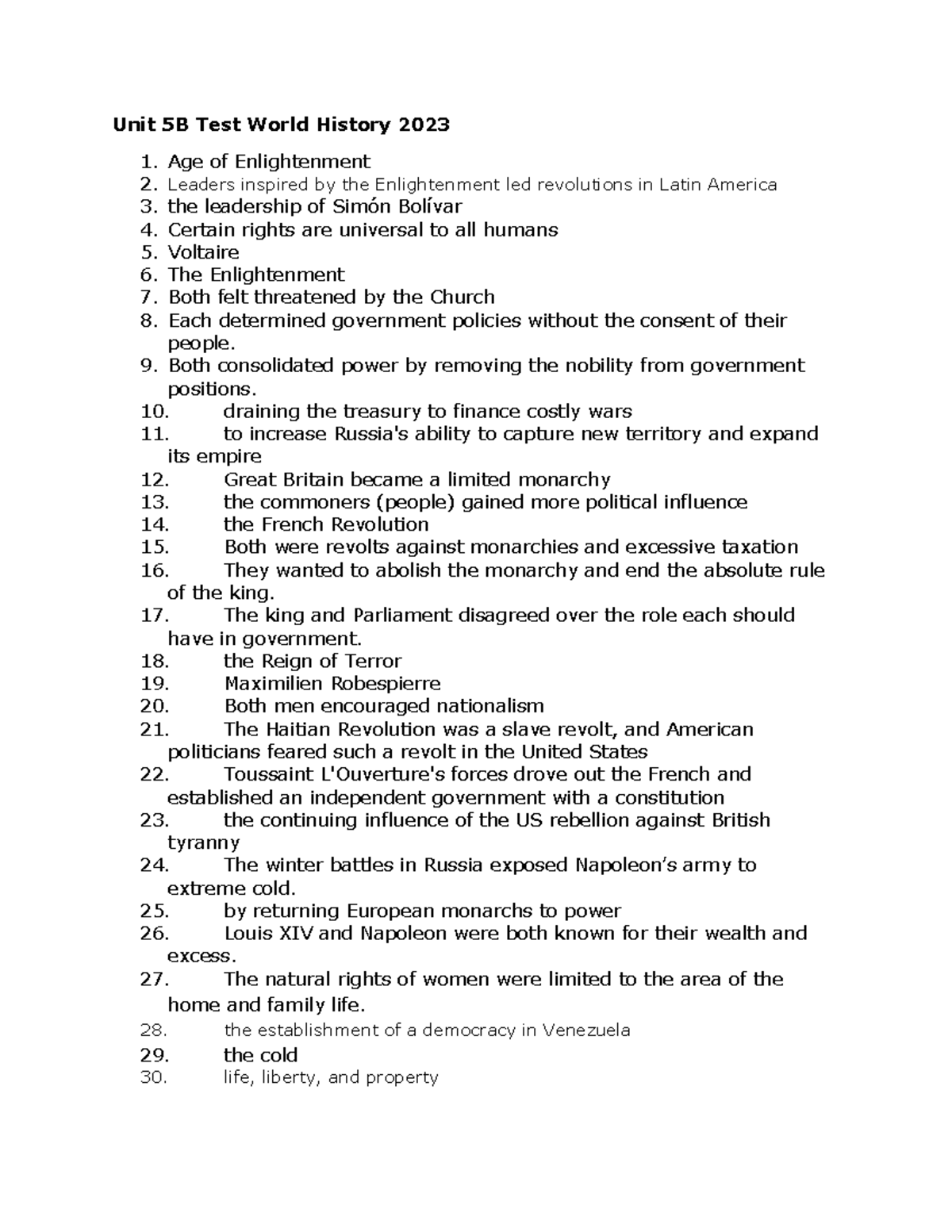 Unit 5B Study Guide - KEY - Unit 5B Test World History 2023 1. Age of ...