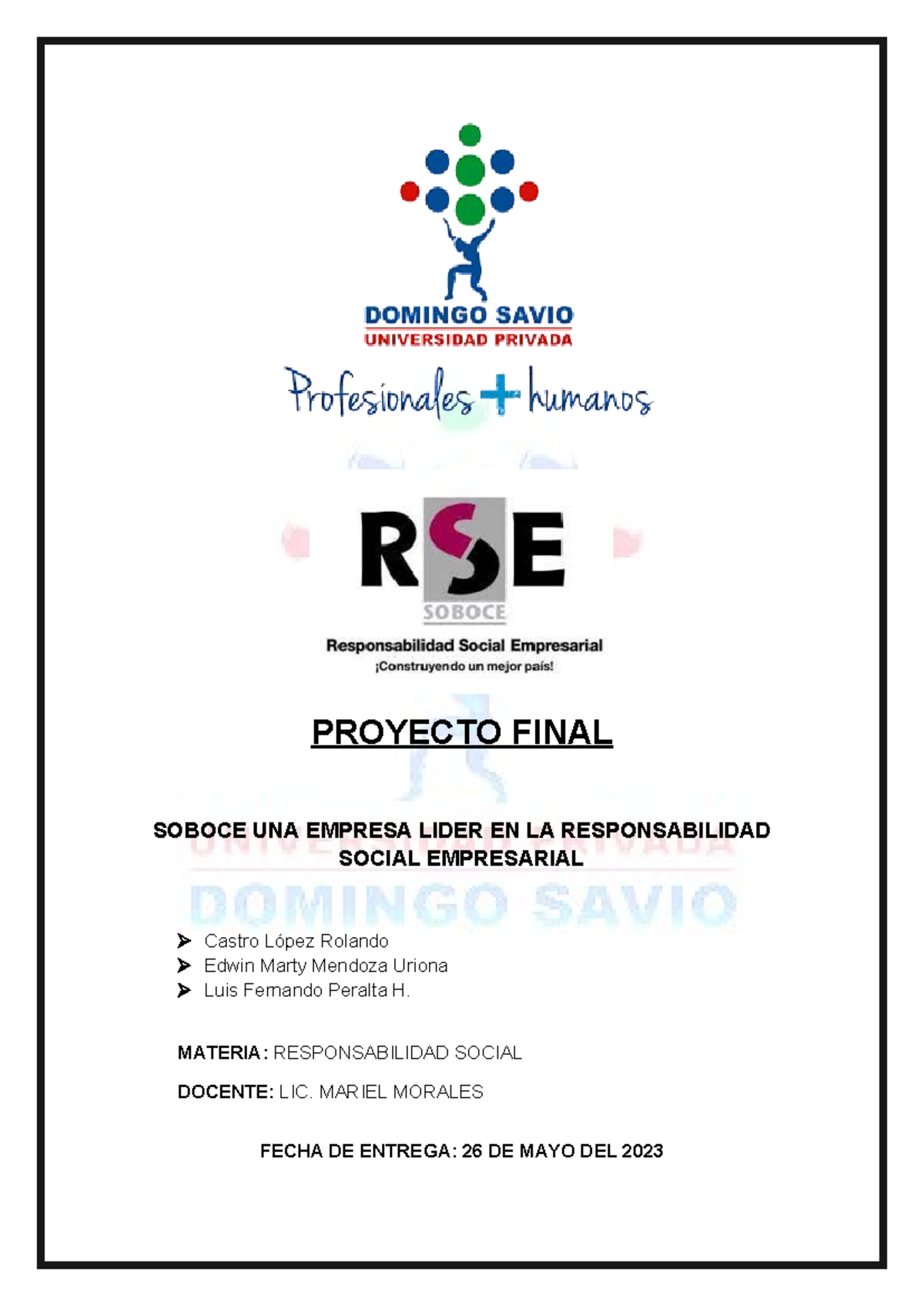 Proyecto Final Soboce RSE - PROYECTO FINAL SOBOCE UNA EMPRESA LIDER EN LA RESPONSABILIDAD SOCIAL ...
